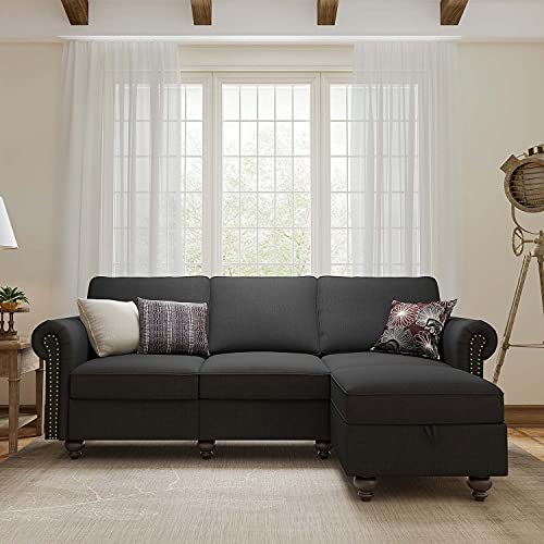 Nolany Sectional Sofa with Storage Ottoman, L Shaped Couch with Reversible Chaise for Small Space, Sectional Couches for Living Room, Dark Grey