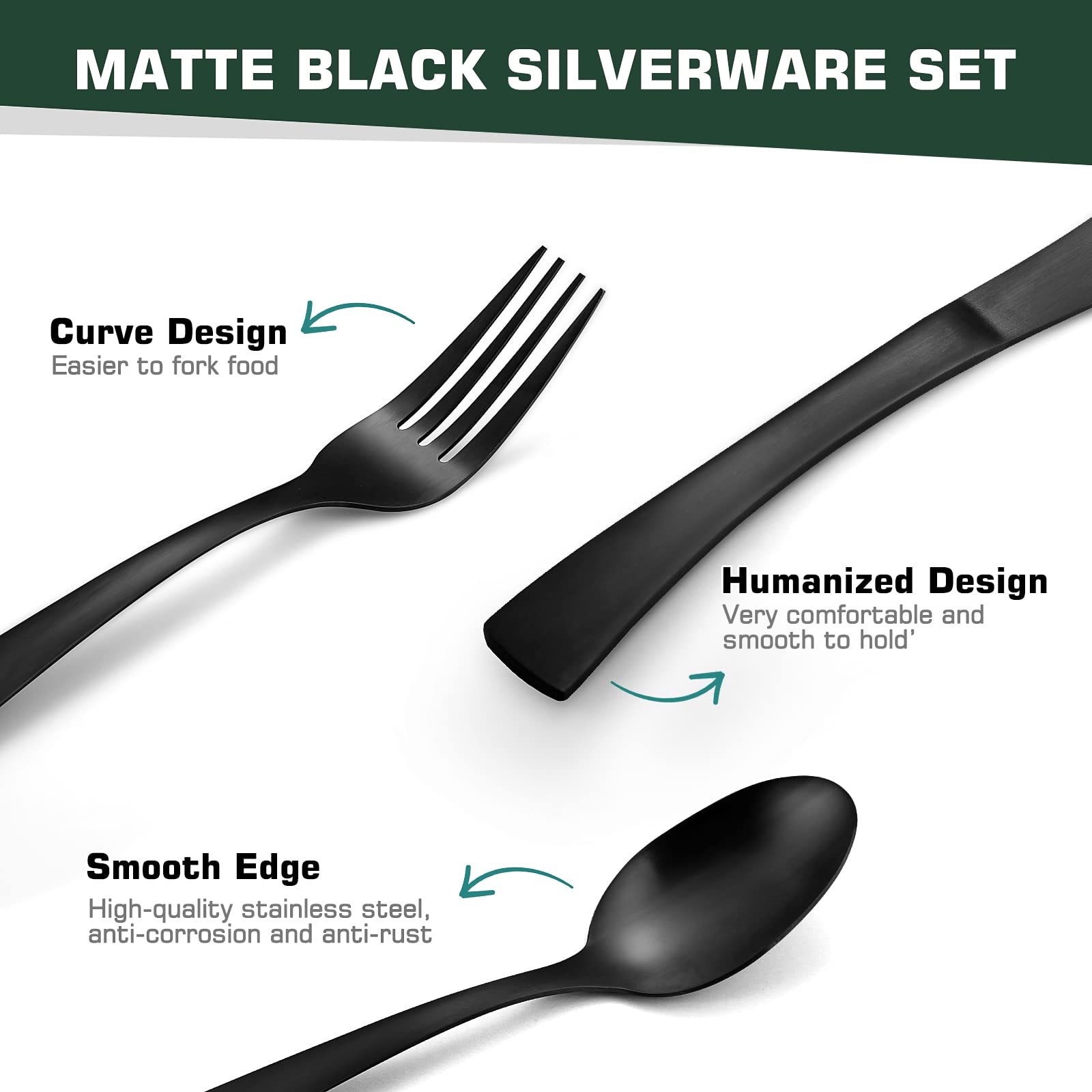 KassKa Matte Black Silverware Set 40 Pieces,Food Grade Stainless Steel Flatware Cutlery Set for 8,Kitchen Dinner Utensil Sets,Curved Knife Handle Design,Spoons and Forks Set,Dishwasher Safe