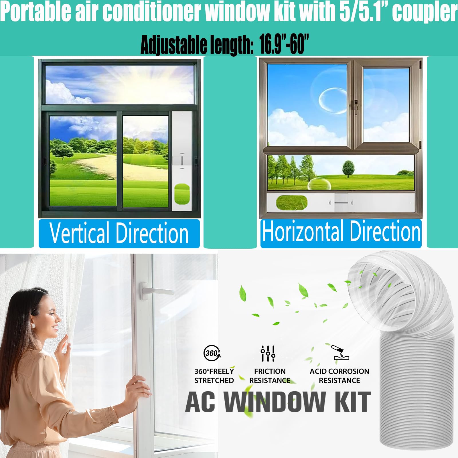 Nihoney Portable Air Conditioner Window Vent Kit with Exhaust Hose 5.1 Inch Diameter, Adjustable 59 Inch Length Exhaust Hose for AC Seal Plate with Universal for Sliding Window