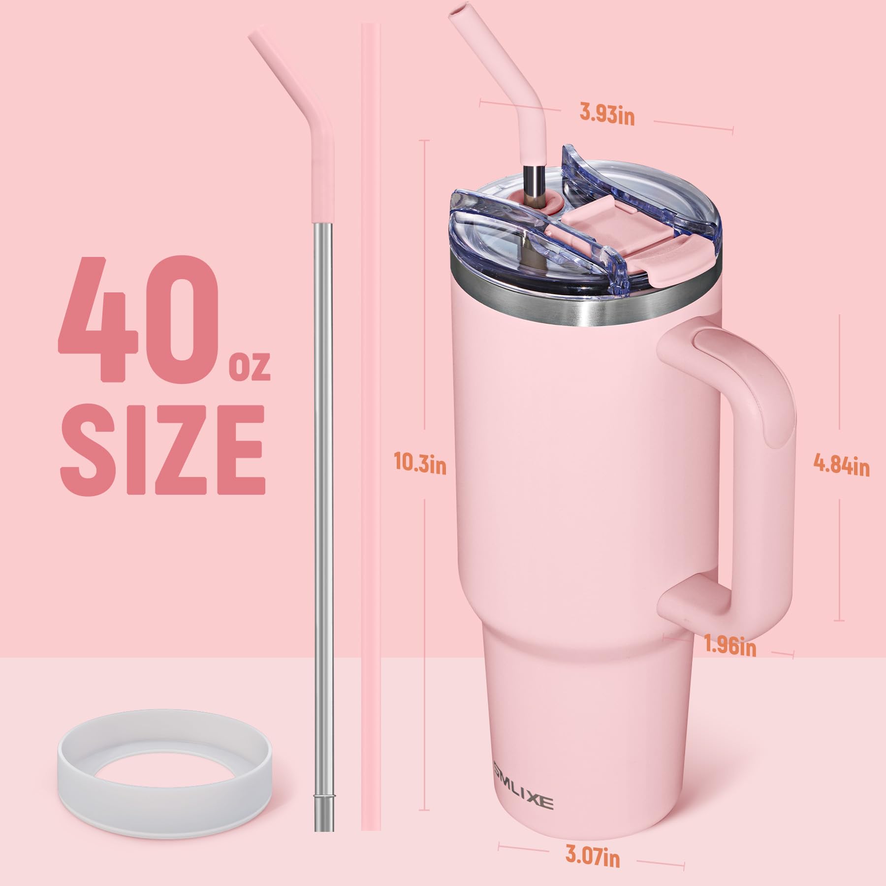 SMLIXE 40 oz Tumbler with Handle and Straw Lid,Insulated Reusable Stainless Steel Water Bottle Travel Mug,Cupholder Friendly Double Wall Vacuum Sealed Cup (Pink)