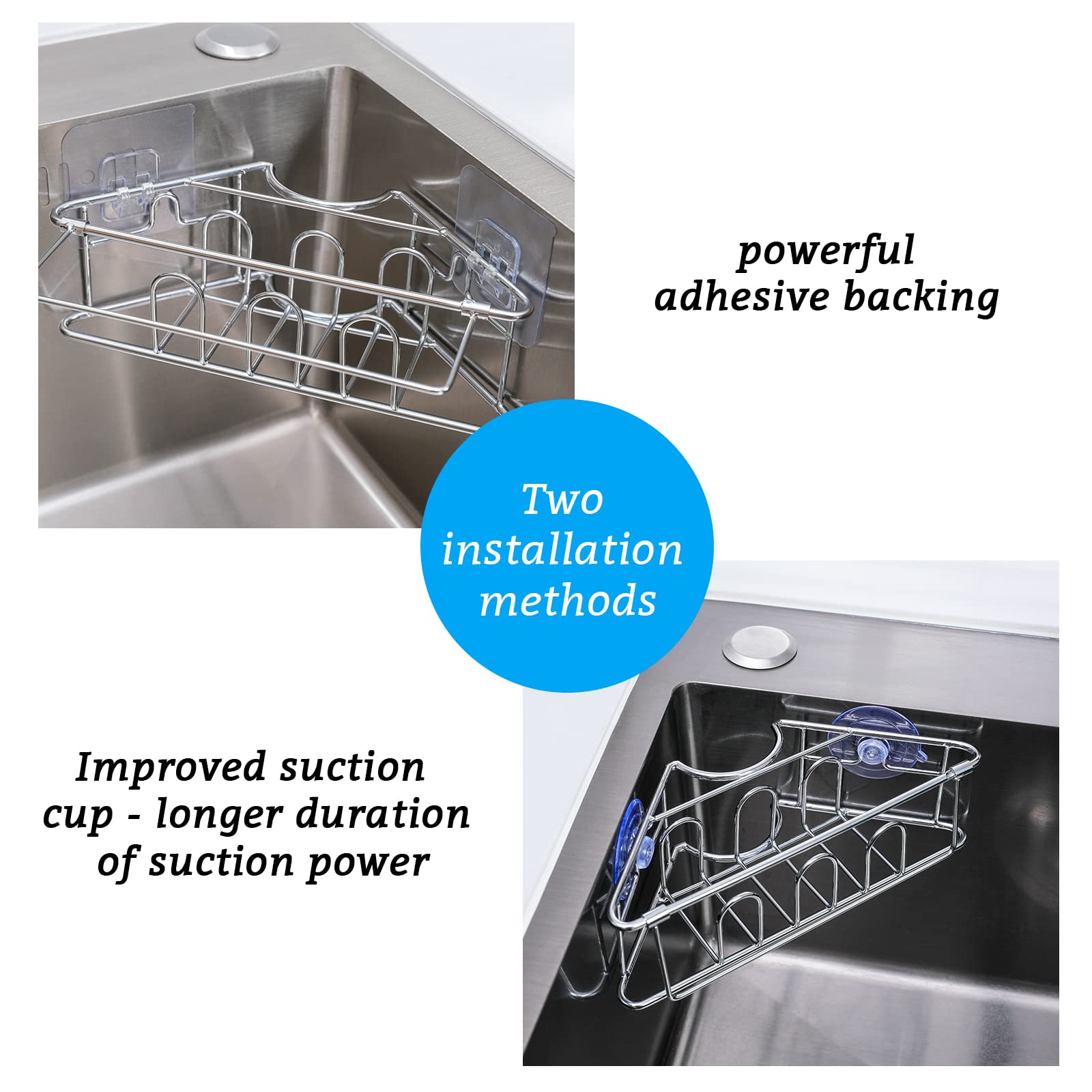 MAISEEN Kitchen Sink Caddy Sponge Holder, Space Saving Kitchen Sink Organizer + Sink Brush Holder + Dish Rag Holder, 304 Stainless Steel, Multi-Purpose 6 In 1 Kitchen Sink Accessories. Silver