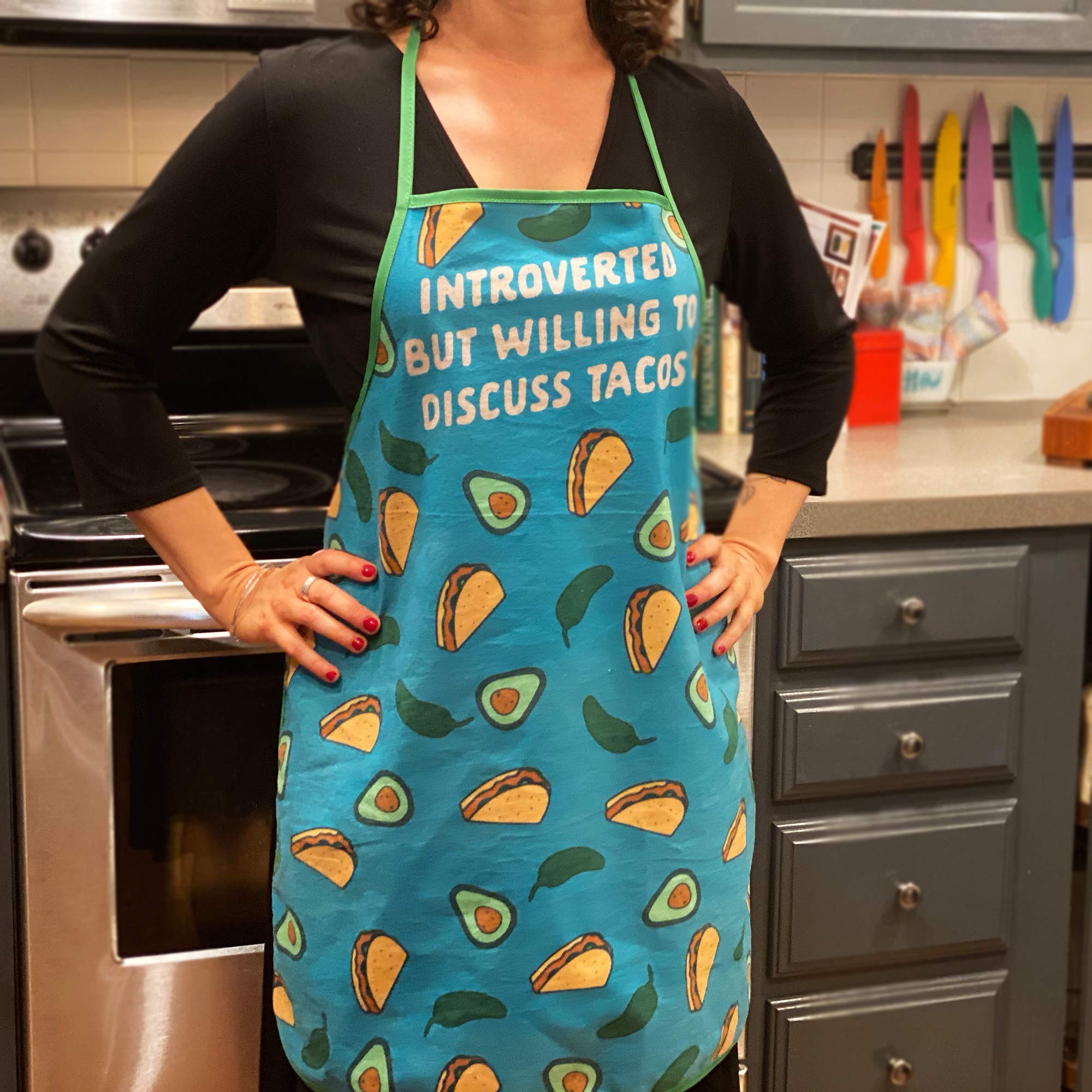 Introverted But Willing To Discuss Tacos Funny Cinco De Mayo Graphic Kitchen Accessories Funny Graphic Kitchenwear Funny Food Novelty Cookware Blue Oven Mitt