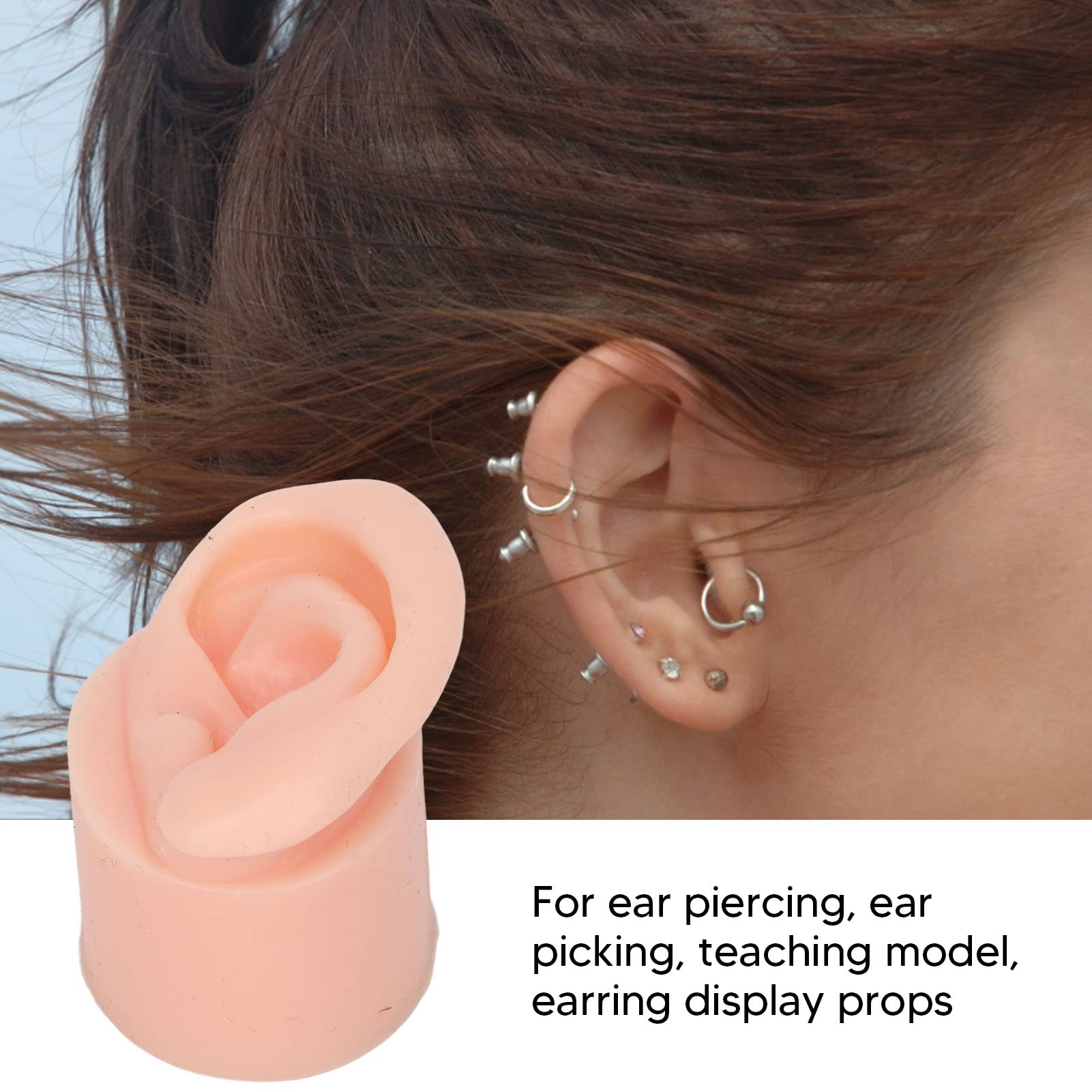 Piercing Ear Model Training Accessory Silicone Ear Model Soft Light Skin Color Reusable Long Ear Canal For Teacher For School (Right)