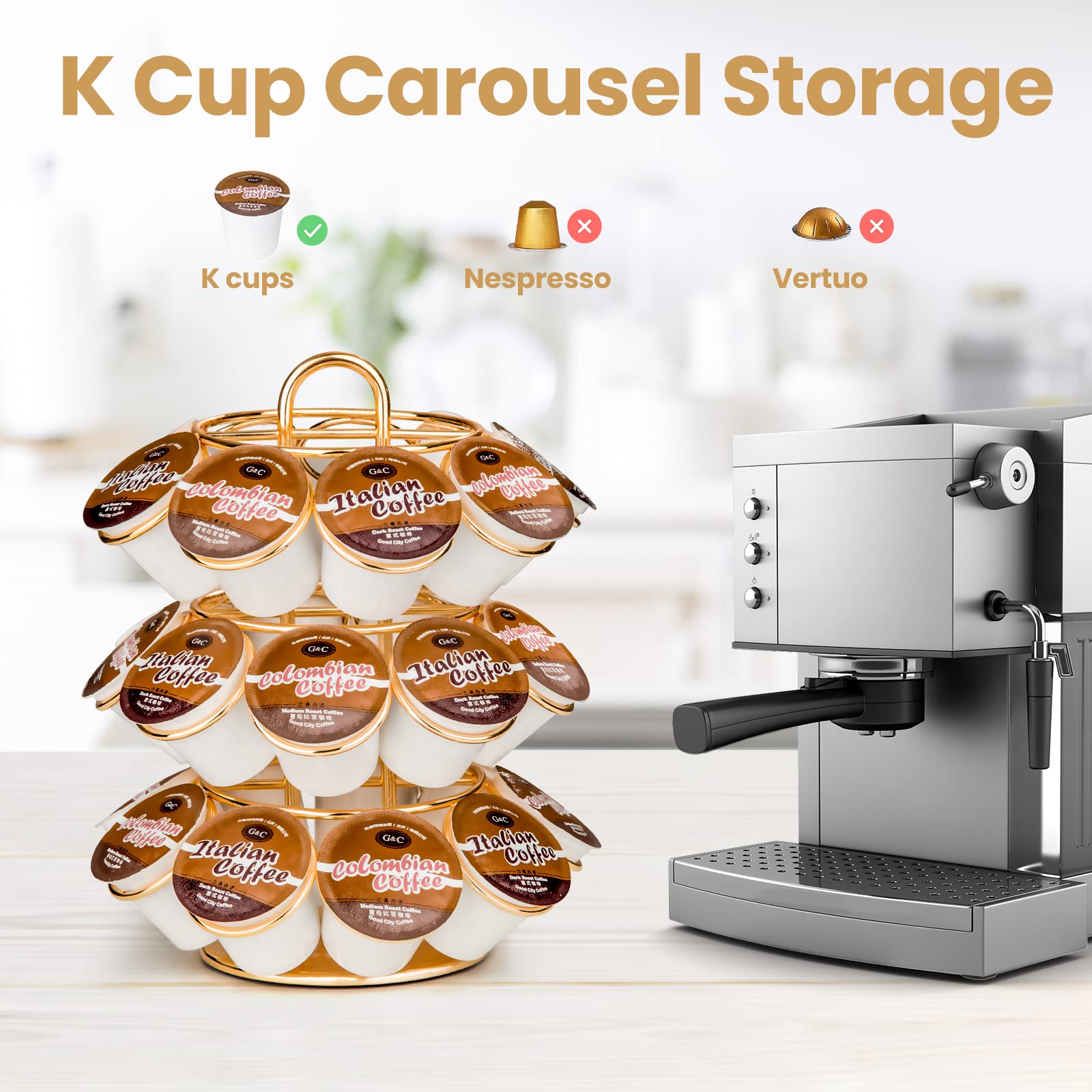 KREWEY Coffee Pod Holder, K Cup Holders,Coffee Pod Storage Compatible with K Cups (27 Pods), Spins 360-Degrees Coffee Pod Carousel Holder Organizer, Modern Gold Design (Round,Shining Gold)