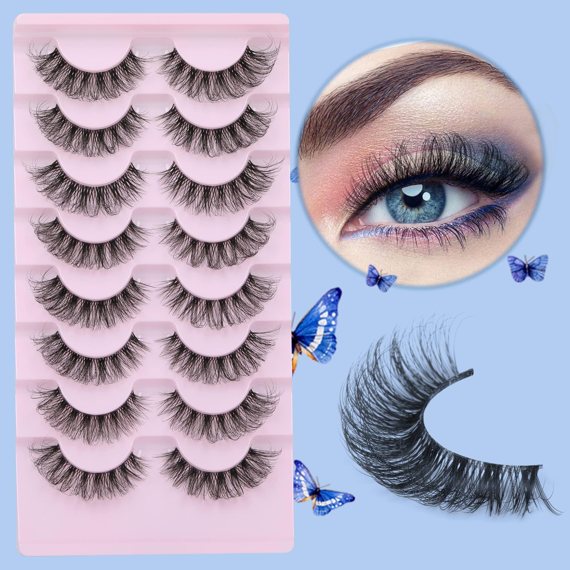 Natural lashes mink cat eye fluffy false lashes D curl Russian strip lashes extension clear band wispy curly fake eyelashes pack 8 pairs