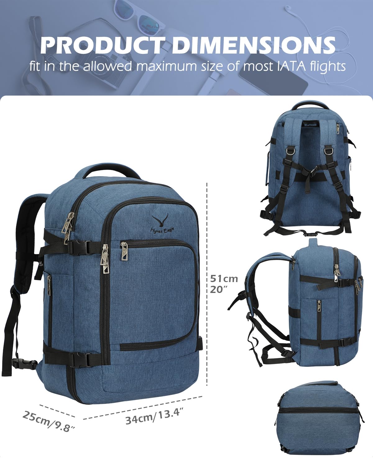 Hynes Eagle Travel Backpack 40L Flight Approved Carry on Backpack Men Large Cabin Weekender Laptop Backpack Women 15.6 inches Blue with 3PCS Packing Cubes Set Red Violet