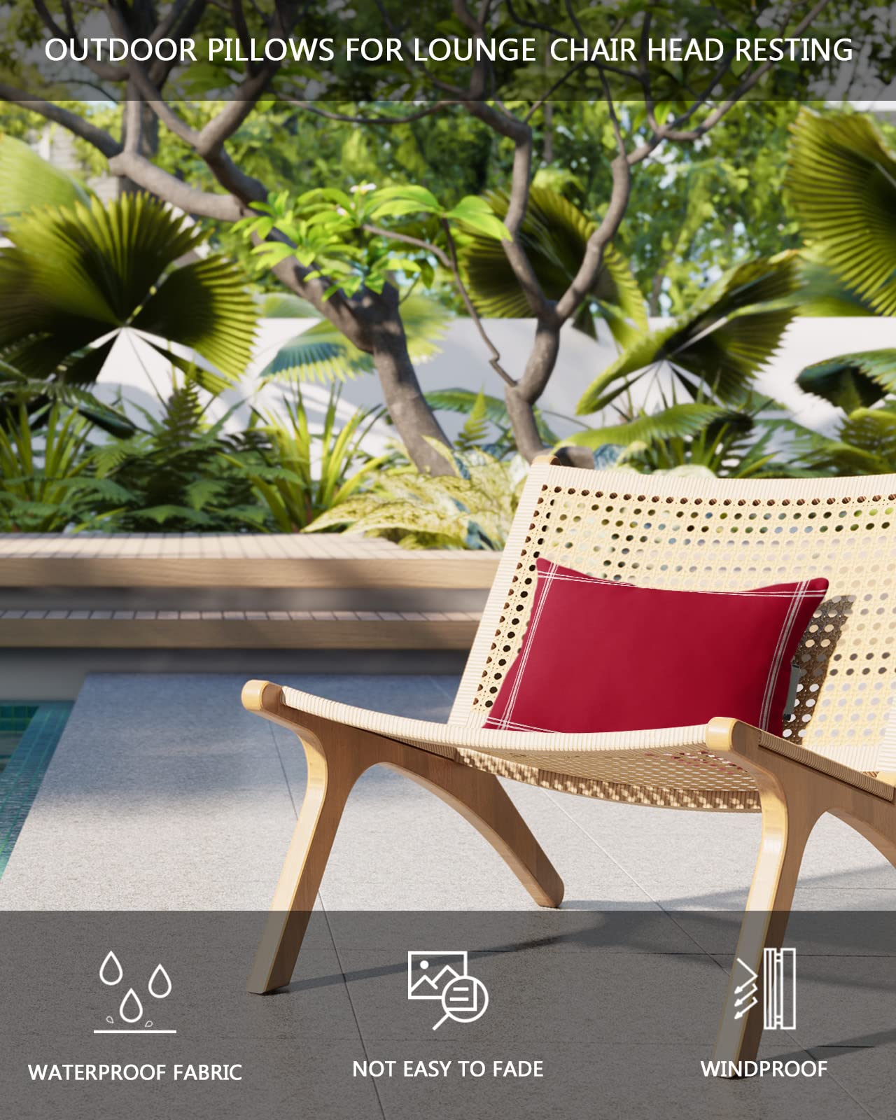 T&H XHome Outdoor Pillow for Chaise Lounge Chair, Solid Color Red Waterproof Headrest Pillow Lumbar Pillows with Insert & Adjustable Elastic Strap for Beach, Poolside, Patio, Office (1 Pack)