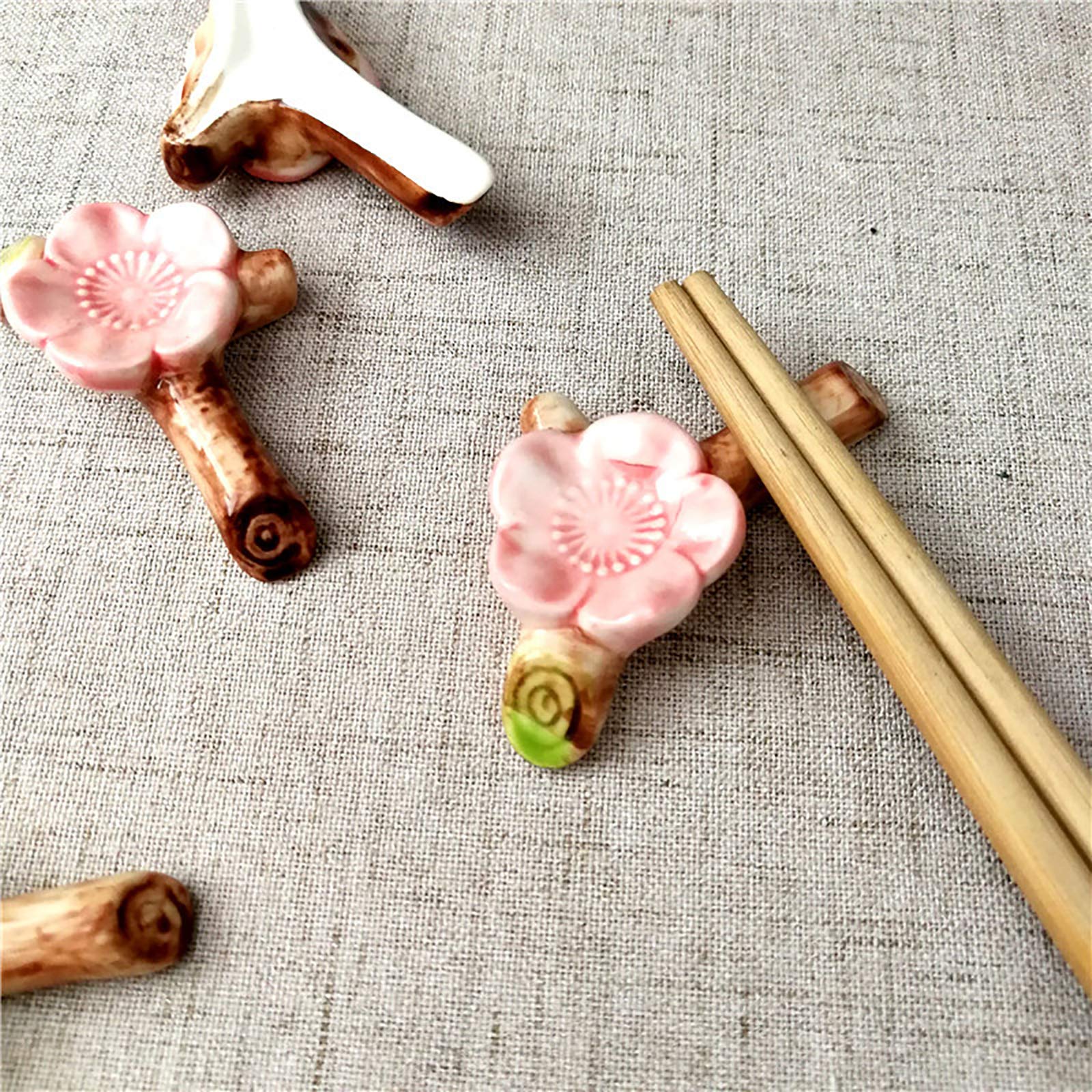 LARATH 6 Pieces Ceramic Chopsticks Rest Rack Cherry Blossom Chopsticks Holder Rest Dinner Spoon Stand for Dinner Fork Knife Tableware Writing Paint Brush, Pink