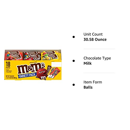 M&M'S Peanut, Peanut Butter & Milk Chocolate Variety Pack Full Size Milk Chocolate Candy Assortment, 30.58 oz 18 ct