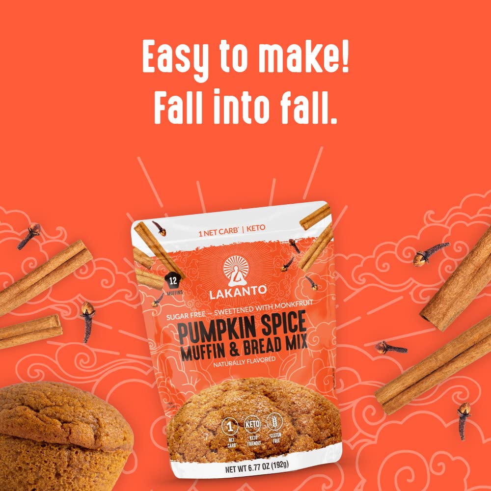 Lakanto Sugar Free Pumpkin Spice Muffin and Bread Mix - Sweetened with Monk Fruit, Keto Diet Friendly, Gluten Free, Dairy Free, 1g Net Carbs - Makes 12 Muffins