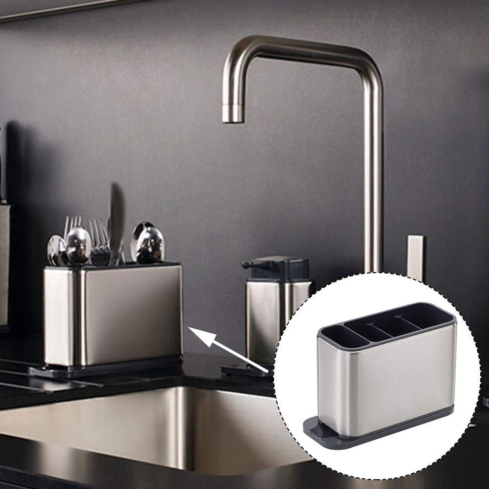 Kitchen Utensil Holder for Countertop Flatware Organizer Utensil Crock Holder Caddy Anti Slip Drip Tray Stainless Steel Flatware Cutlery Drainer Home Kitchen 4 Divider Drip Tray,8.27x3.54x5.39 inch(1)