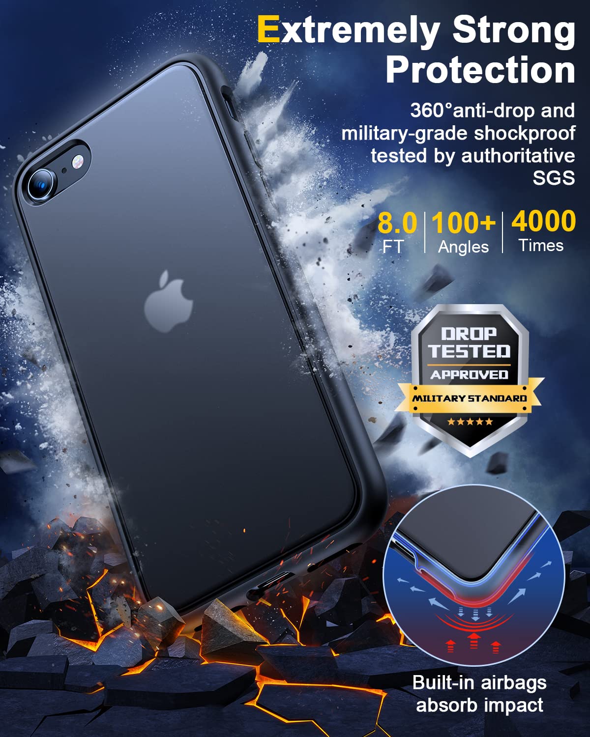 Humixx Shockproof Designed for iPhone SE 2022 Case [8FT Military Grade Drop Protection] [Ultimate Touch Feeling] Translucent Matte Hard Back, Slim Durable Protective Case for iPhone 7/8/SE 4.7" -Black