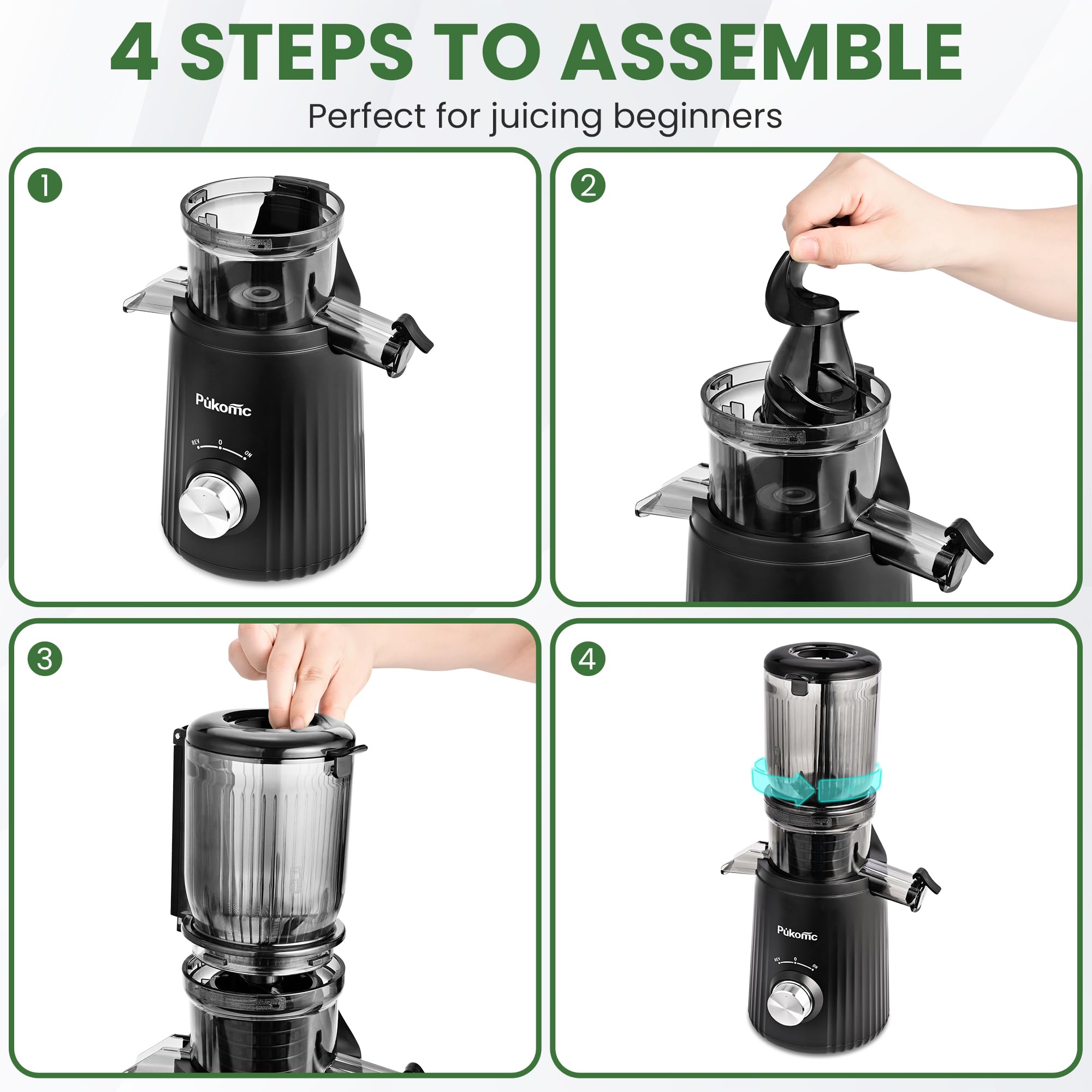 Pukomc Juicer Machines, Cold Press Juicer with 4.1'' Large Feed,Slow Masticating Machines Chute Fit Whole Vegetable And Fruit,High Juice Yield Juicer Easy to Clean