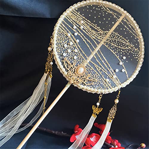 Lmtossey Vintage Round Fan Long Handle Tassel Dancing Hanfu Circular Fan Ancient Chinese Style Classical Printed Court Round Fan Wedding
