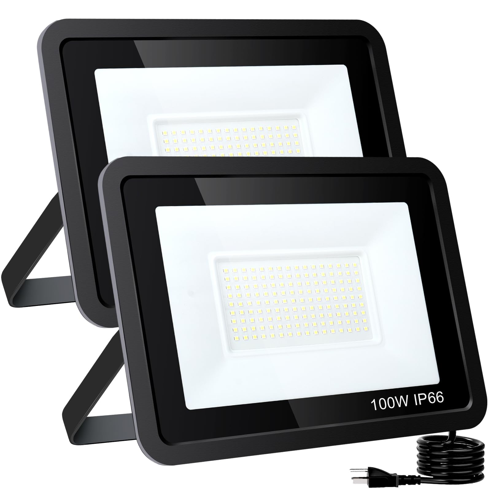 LKXDOV LED Flood Lights Outdoor, 100W 10000LM Outside Work Light with Plug IP66 Waterproof, 6000K Portable Exteriores Security Floodlights for Yard, Garden, Stadium, Playground (2 Pack)