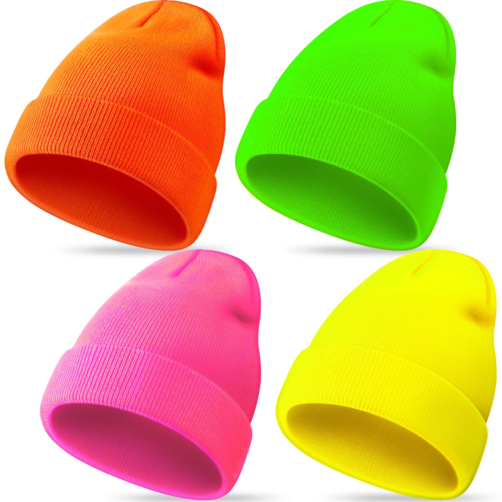 JenPen Neon Beanie Hat Slouchy Beanie Cap Unisex Knitted Winter Hat Ski Plain Beanie Cap for Men and Women (4 Pieces), Green, Yellow, Orange and Pink, One Size