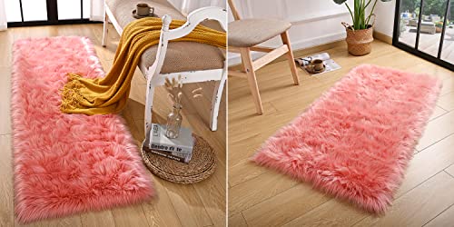Rtizon 2 PCS Faux Fur Washable Rug, 2 x 5.9 Feet and 2 x 4 Feet Coral Fluffy Sheepskin Rug for Girls Bedroom Livingroom Floor Cushion Home Decor Bedside Carpet, Furry Chair Cover Seat Pad Mat