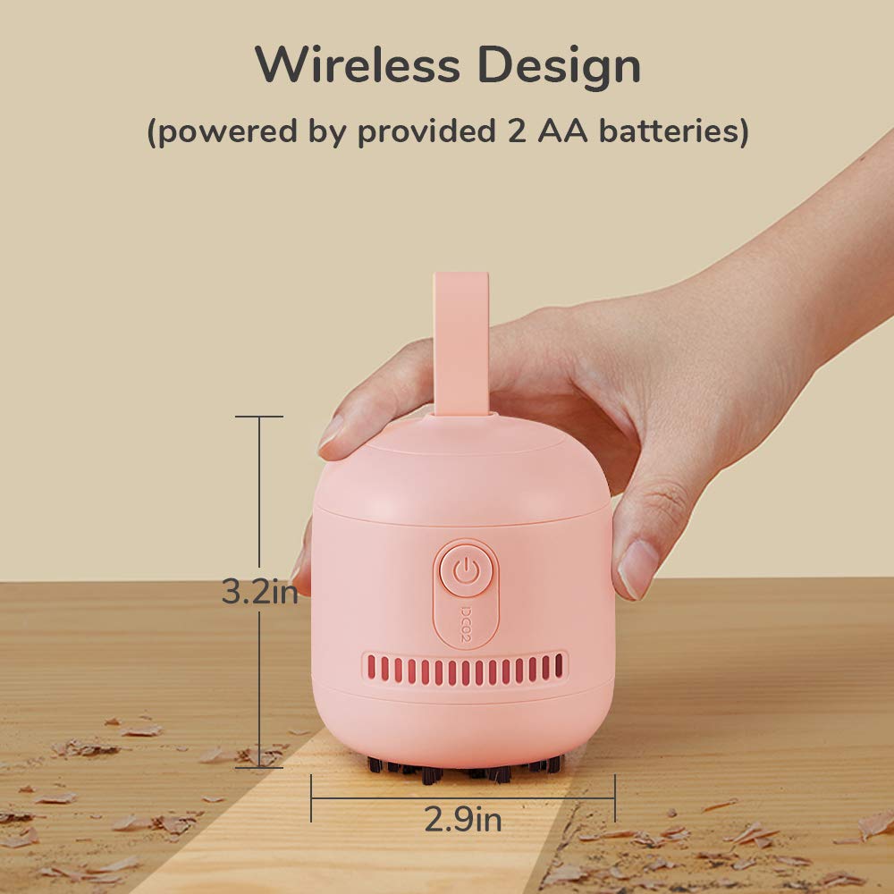 JISULIFE Mini Desk Vacuum Cleaner, Portable Table High Suction Vacuum, Desktop Cordless Vacuum with 2 AA Batteries up to 400 mins, Small Tabletop Vacuum for Home, Office, School - Pink