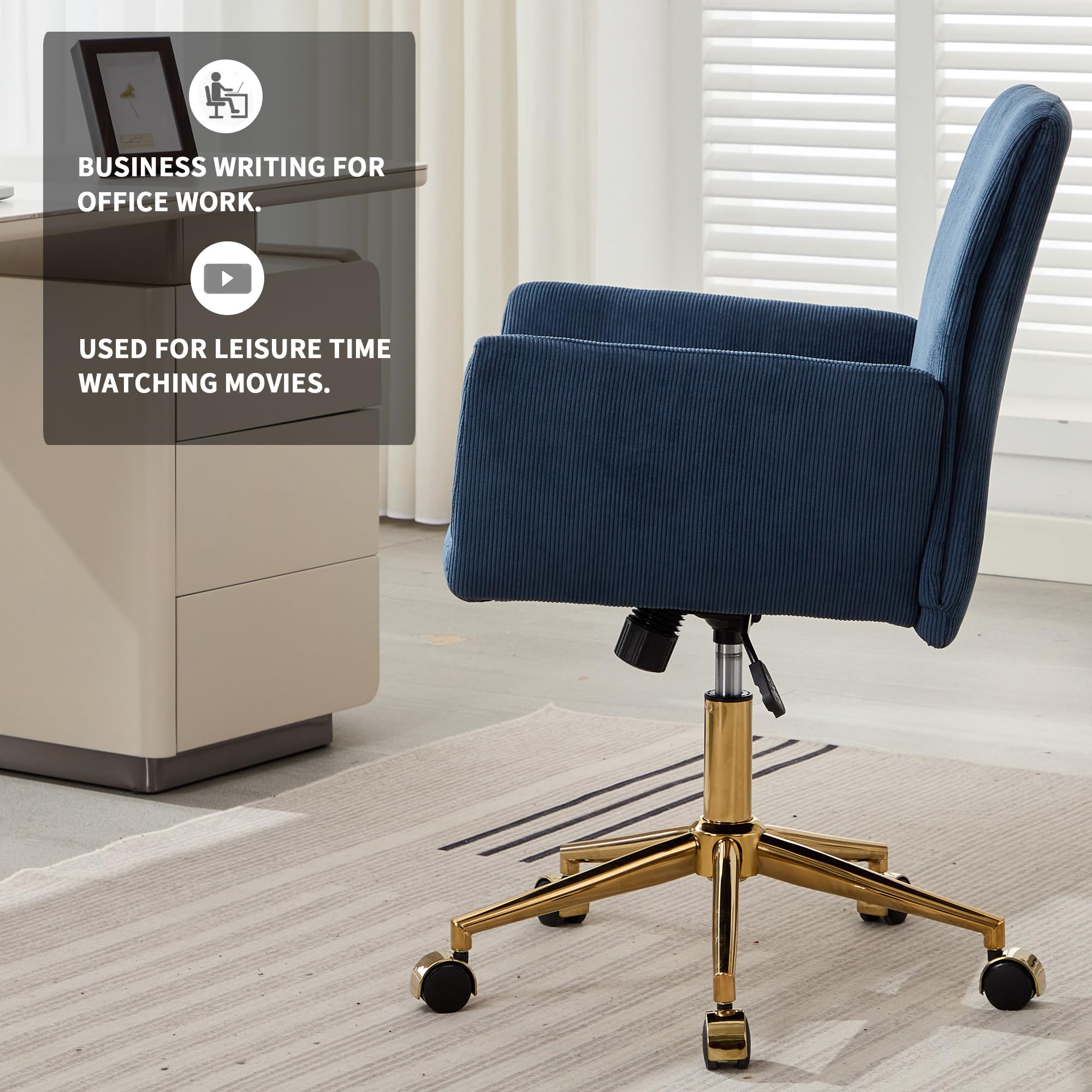 Stripes Velvet Home Office Desk Chair Accent Upholstered Modern Height Adjustable 360° Armchairs with Gold Base for Women Girls Ergonomic Study Seat Computer Task Stools for Living Room(Navy Blue)