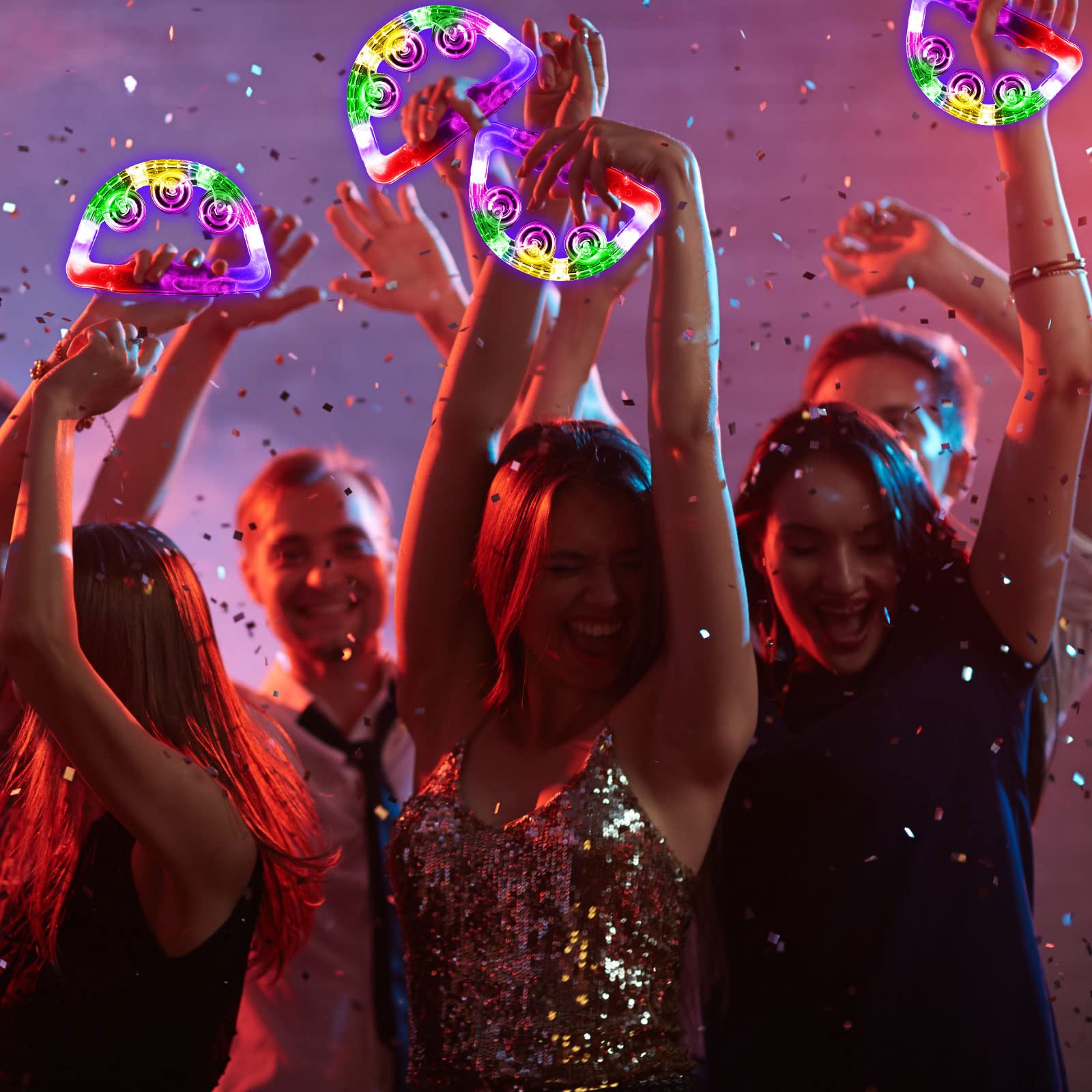 Jerify 50 Pcs Light up Tambourine LED Flashing Tambourine Glow Musical Tambourine Handheld Percussion Instrument in Bulk for Carnival Wedding Party