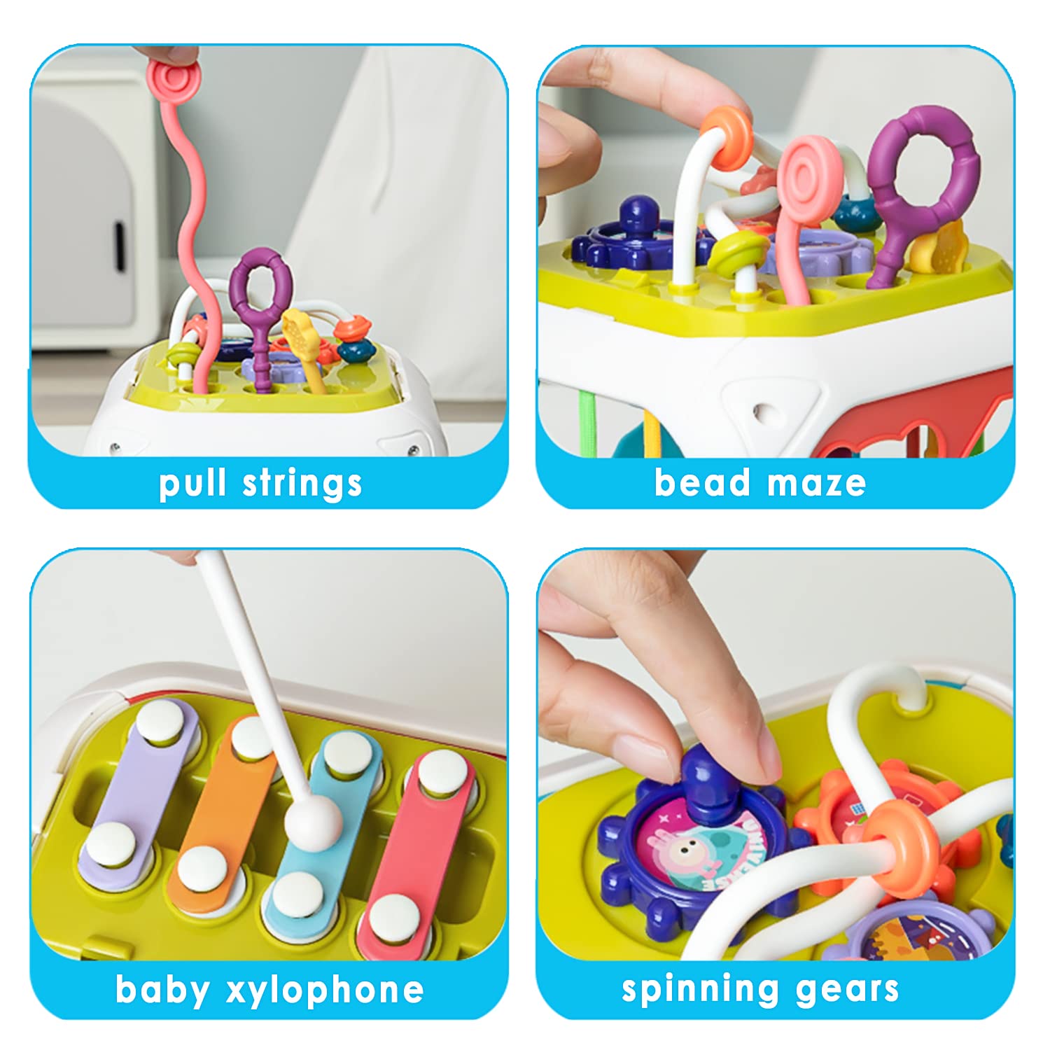 Manzelun Activity Cube for Baby,Montessori Toys for 18 Months+,Sensory Pull String Shape Sorter Baby Toys,Baby Gift