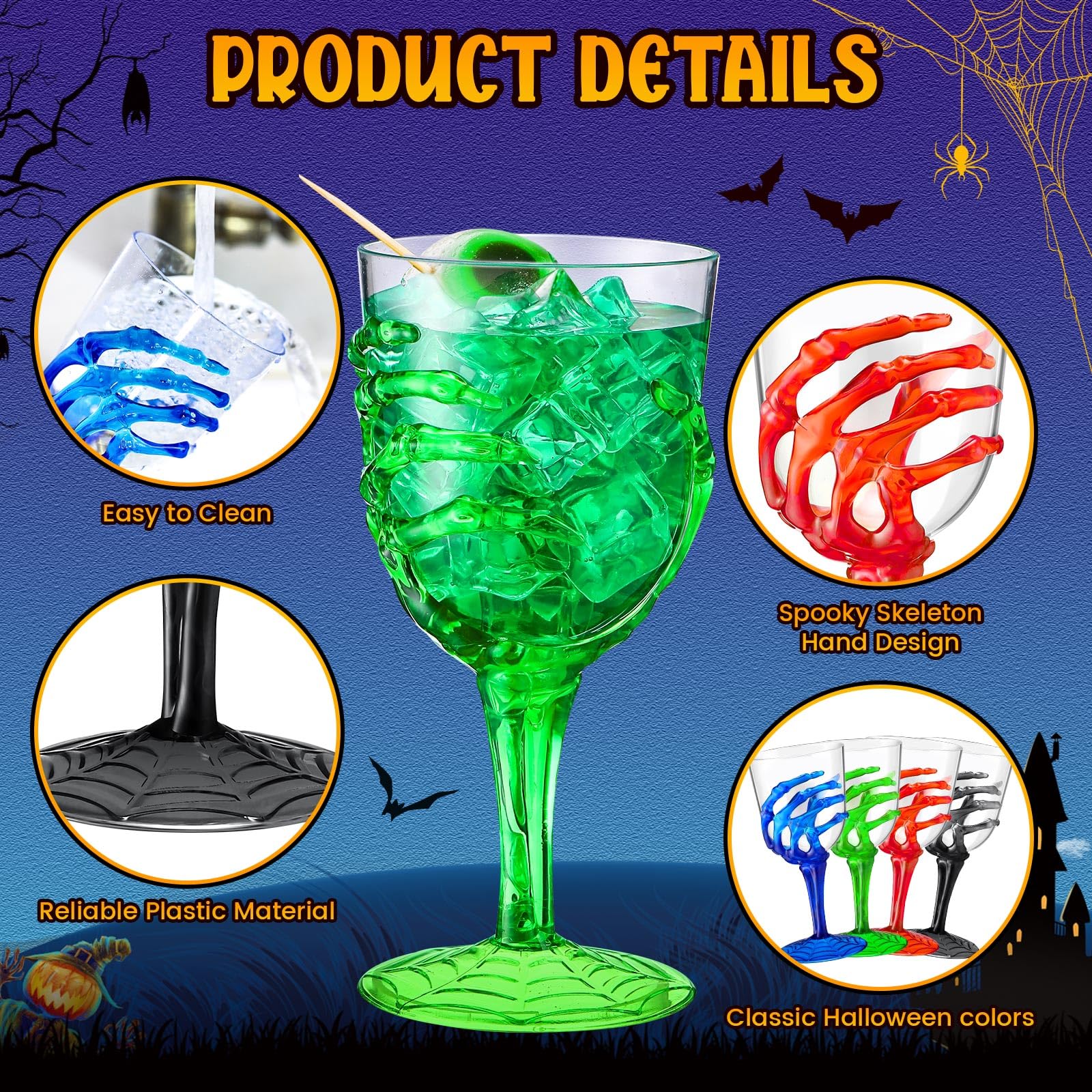 Sliner 24 Pcs Halloween Skeleton Hand Plastic Goblets 12 oz Spooky Skeleton Hand Goblets Halloween Wine Glasses Champagne Glassware Creepy Clear Cups for Halloween Party Haunted House, 4 Color