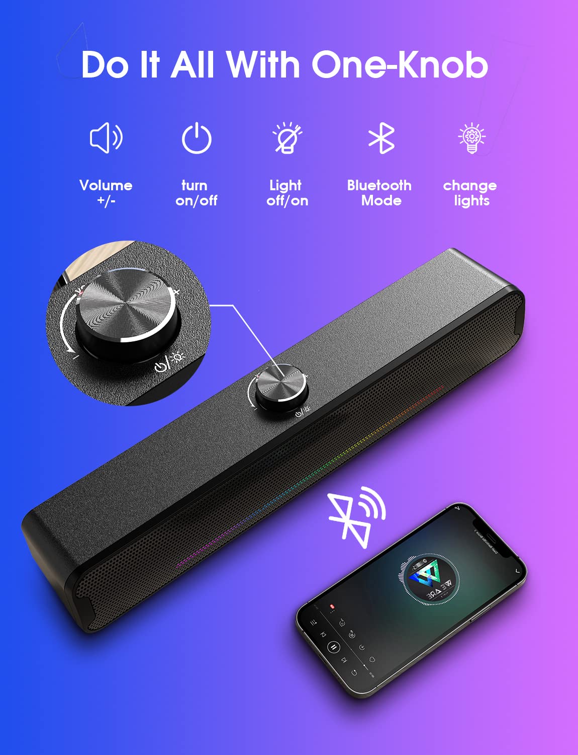 NOOTRY Computer Speakers, Bluetooth RGB Laptop SoundBar, 16W Dual HiFi Stereo with 6 LED Color Mode Soundbar, USB Powered Computer Speakers for Monitor, Phone, PC, Laptop