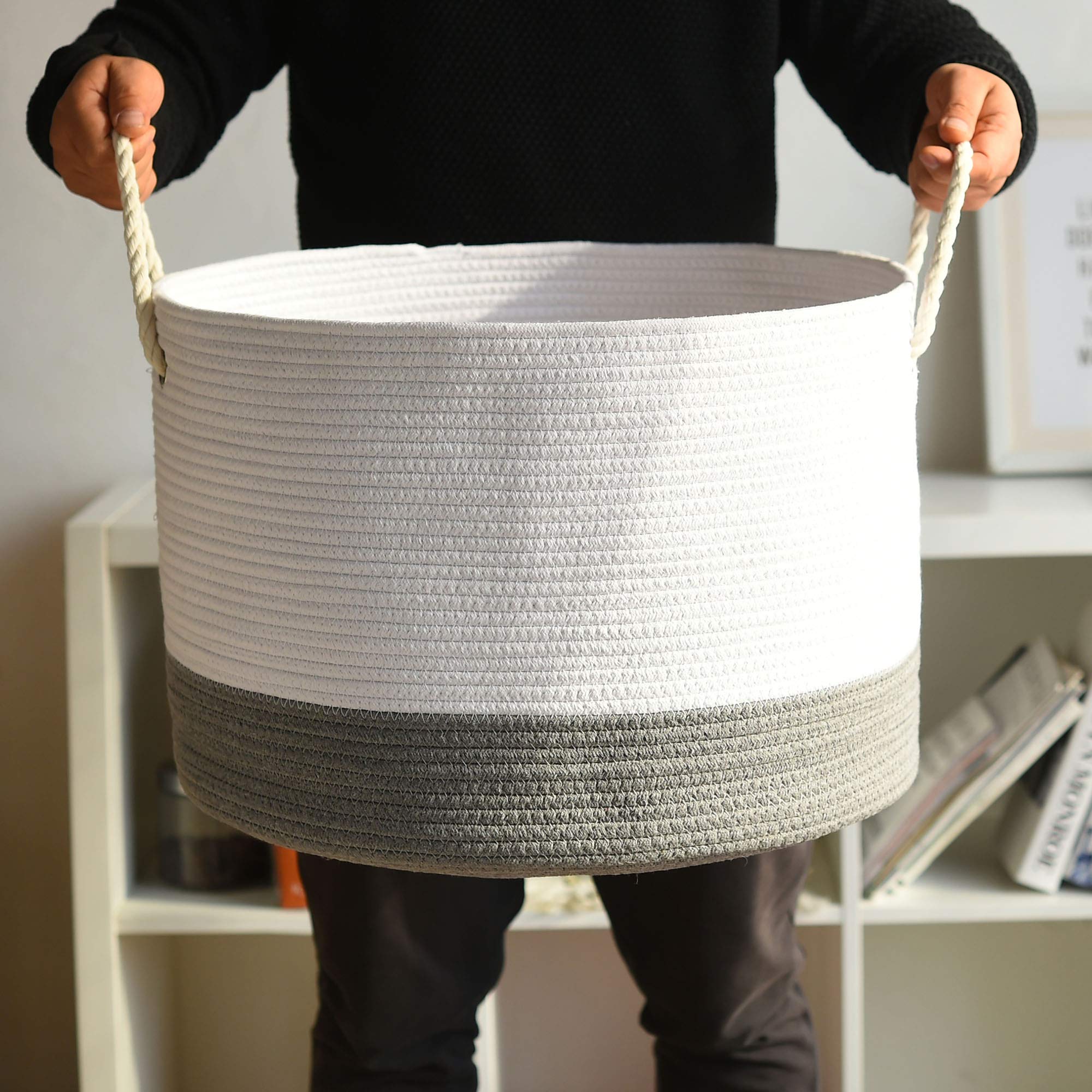 HomeLife Comforts XXL Woven Cotton Rope Basket | 20"x13" Blanket Pillow Towel Baby Toy Nursery Storage Organizer | Decorative Clothes Hamper Bin | Extra Large White Grey as Decor Gift for Laundry Room