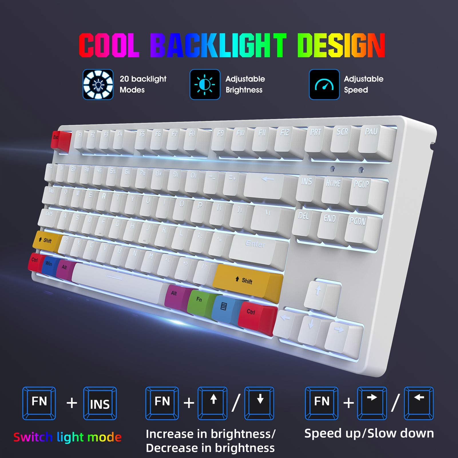 Pomya 87 Keys Wired Gaming Keyboard, Ergonomic USB Wired Mechanical Keyboard with Dye Sublimation Keycap for Win, for Android, for OS X, PC Keyboard for Game, Work(White)