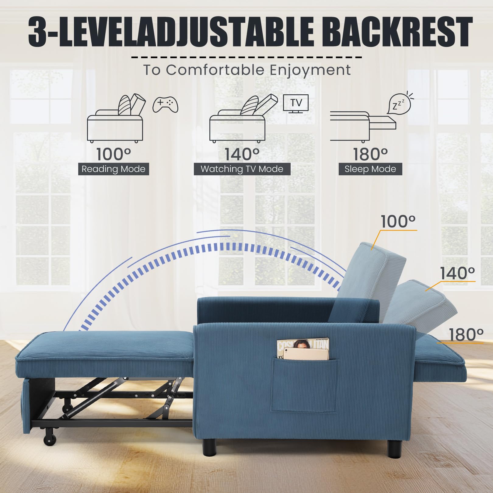 Sleeper Sofa Chair Bed, 2024 Upgrade 4-in-1 Convertible Sleeper Sofa Bed, Sleeper Chair Pullout Sofa Bed with Adjustable Backrest, Corduroy Ottoman Bed Sleeper for Living Room Apartment Office, Grey