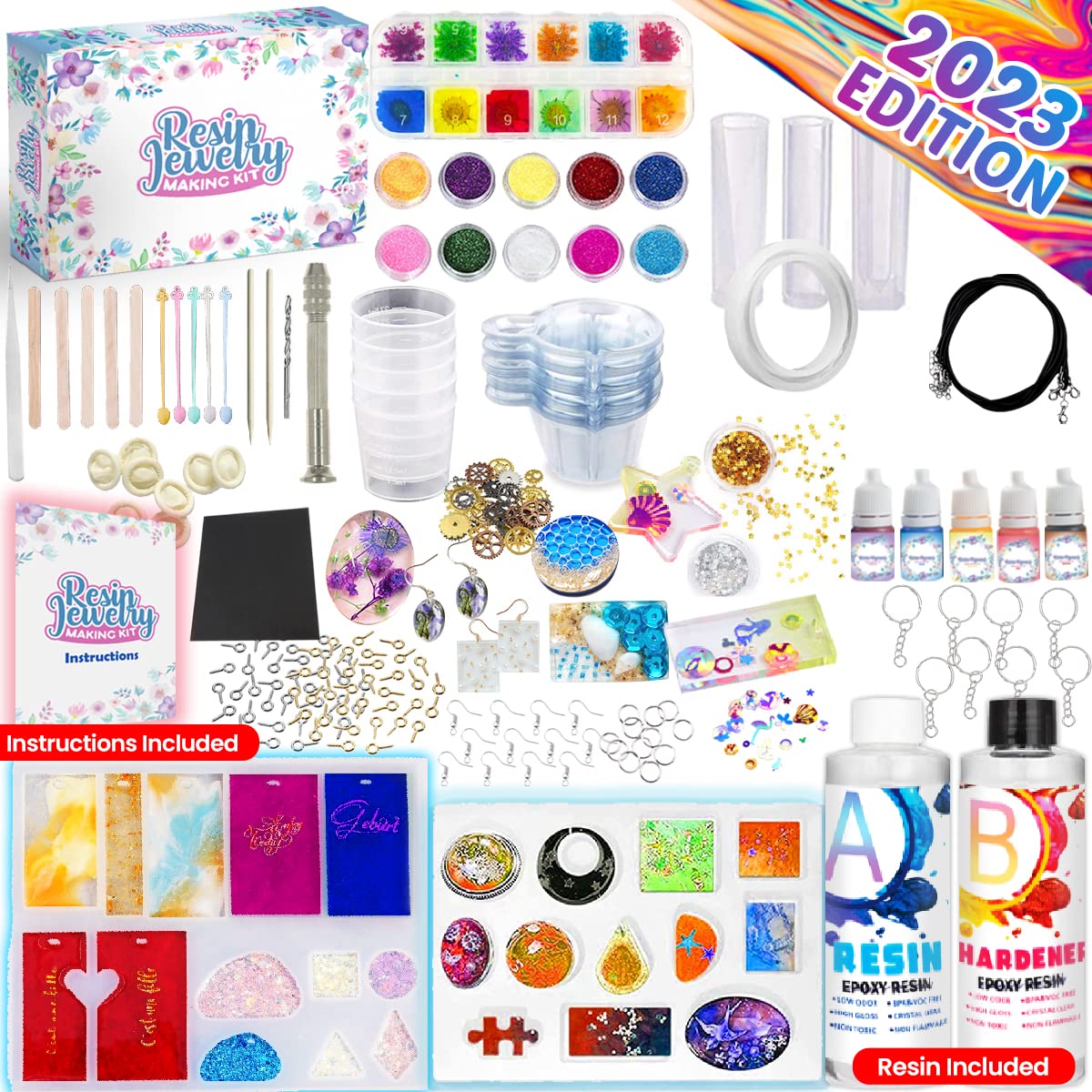 Insnug Epoxy Resin Molds Jewelry Making Kit-Silicone Mold Resin Kit Dried Flowers,Arts and Crafts Supplies Dye for Jewelry Storage Office Home Decor Decorations Keychain Accessories