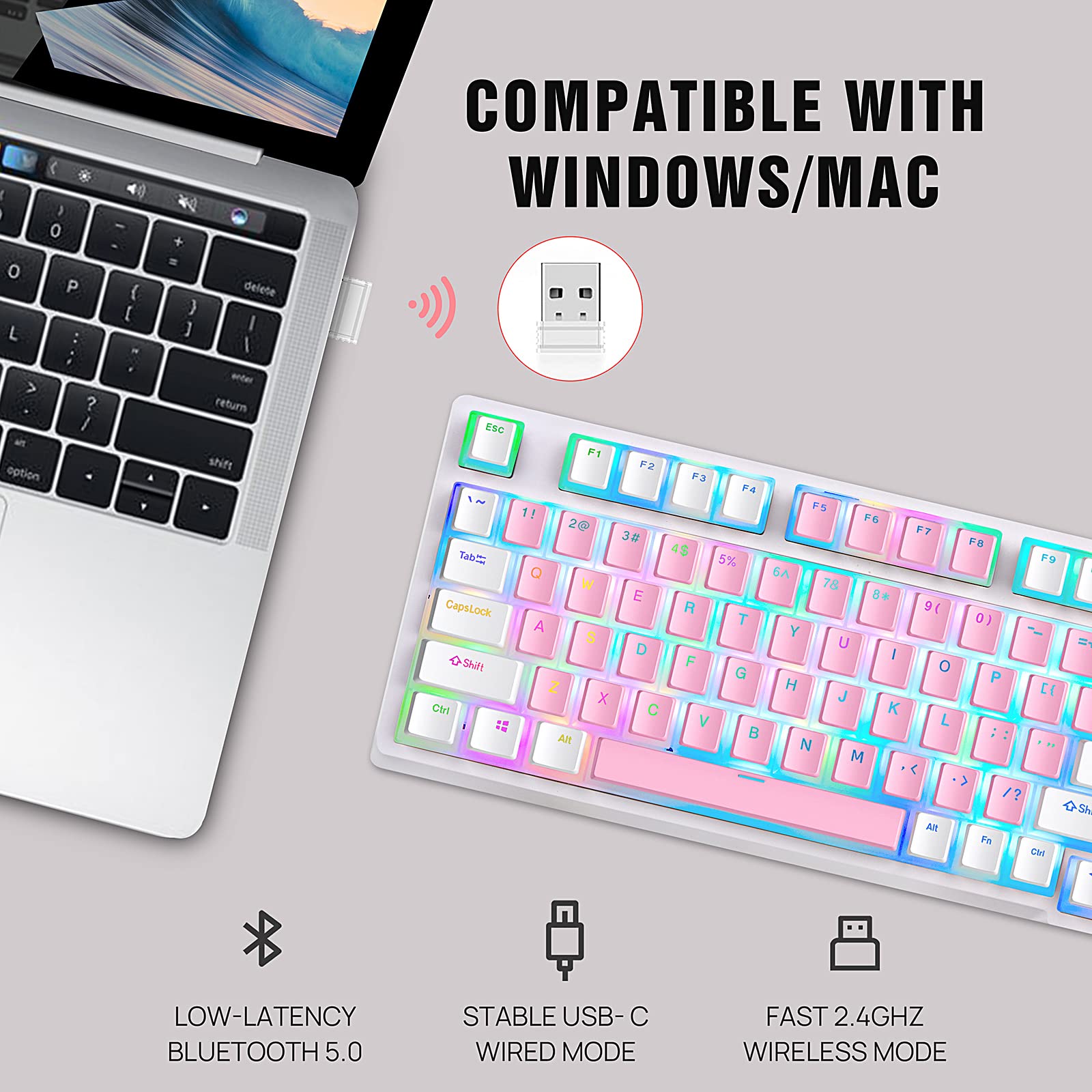 KOLMAX 98Key RGB Hot-swappable Mechanical Gaming Keyboard, 2.4G Wireless/BT5.0/Wired with PBT Double-Shot Pudding Keycaps Pink-White Gaming Keyboard for Mac & Win Programmable Macro (Pink Switches)