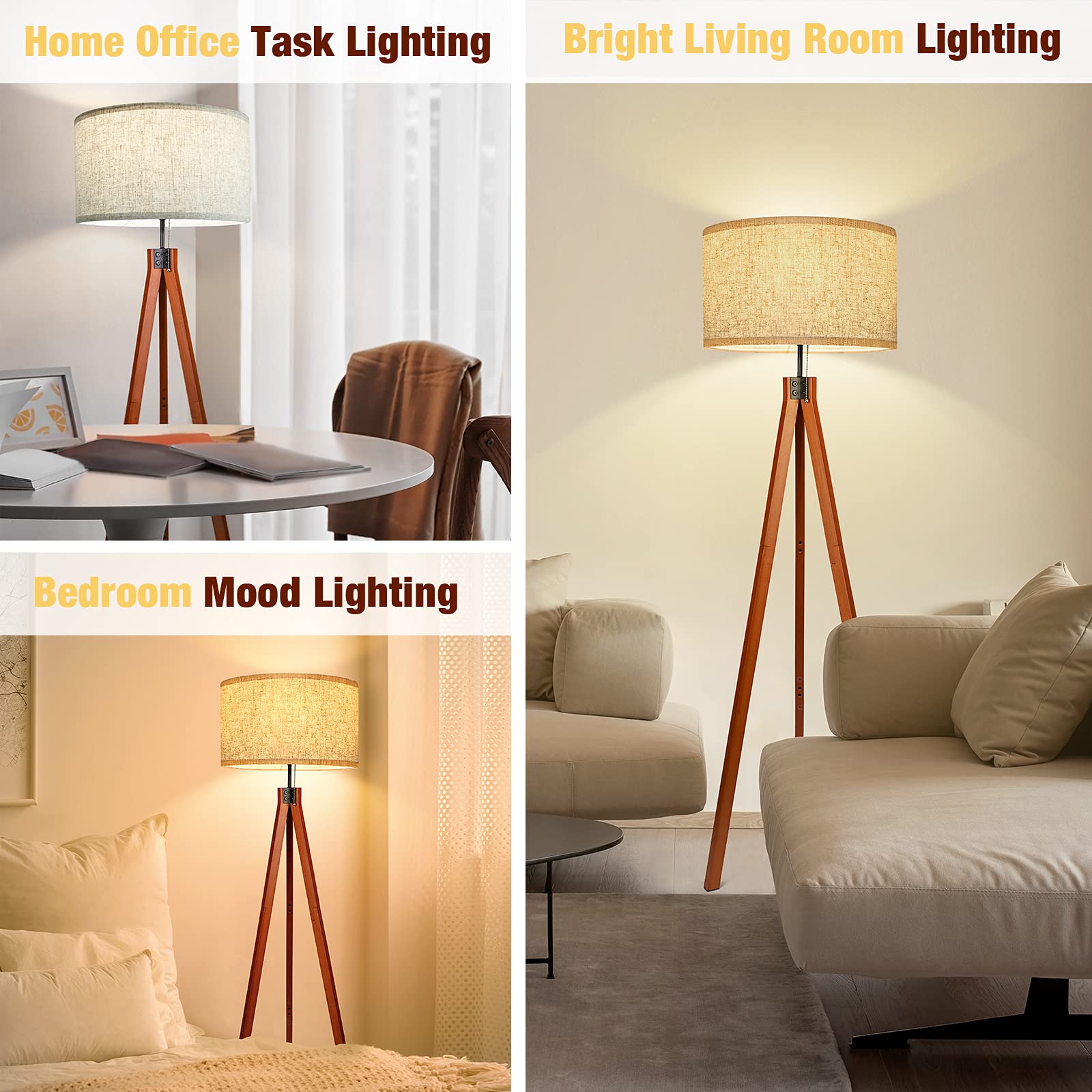 Isloys Wood Tripod Floor Lamp, 3 Color Temperatures Mid Century Modern Boho Floor Lamp, Tall Standing Lamps for Living Room Bedroom Office, Flaxen Lamp Shade with E26 Lamp Base