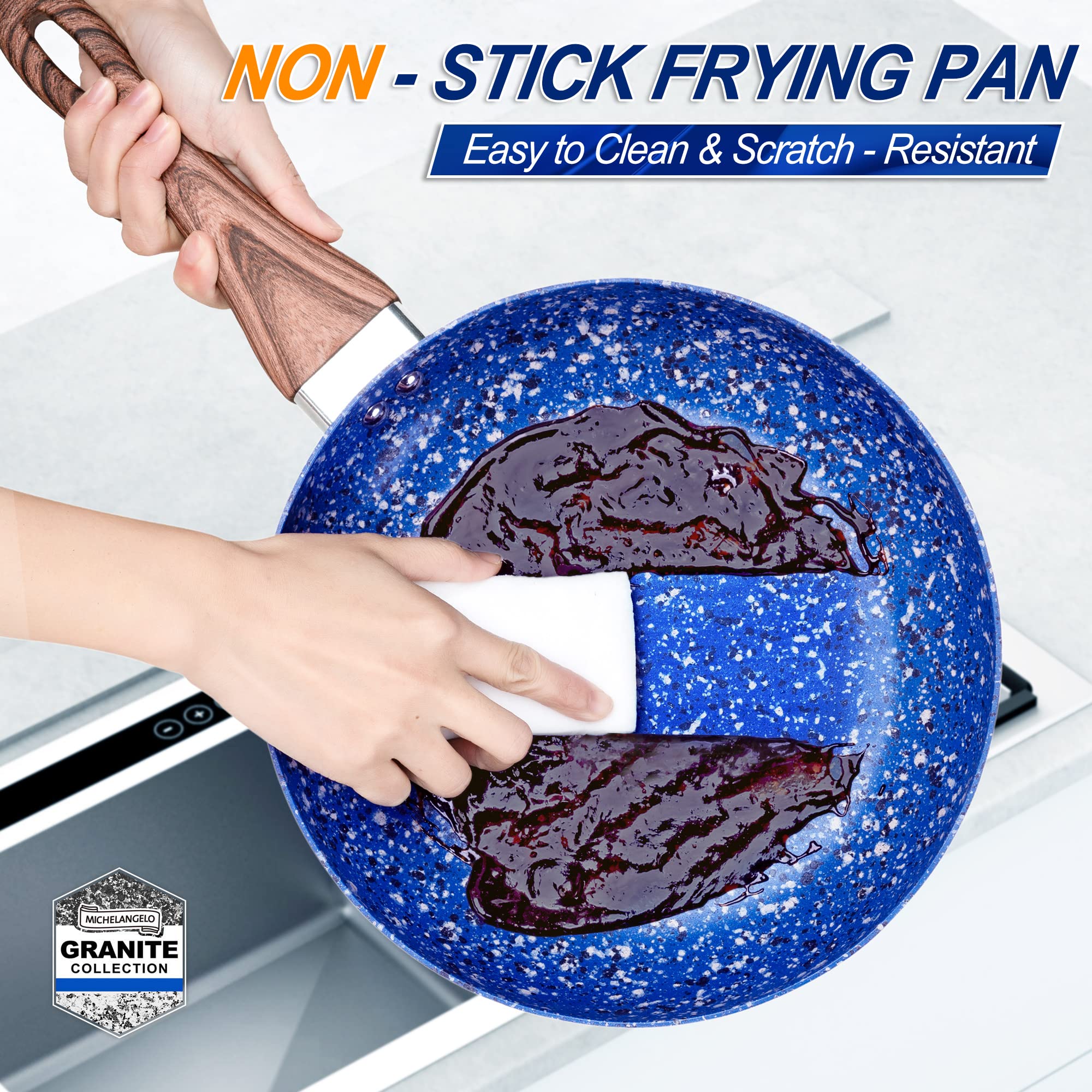 MICHELANGELO Frying Pan Set with Lid, 9.5" & 11" Fry Pan Set with APEO & PFOA-Free Stone-Derived Interior, Nonstick Frying Pans, Granite Fry Pans, Nonstick Skillets Set, Induction Compatible