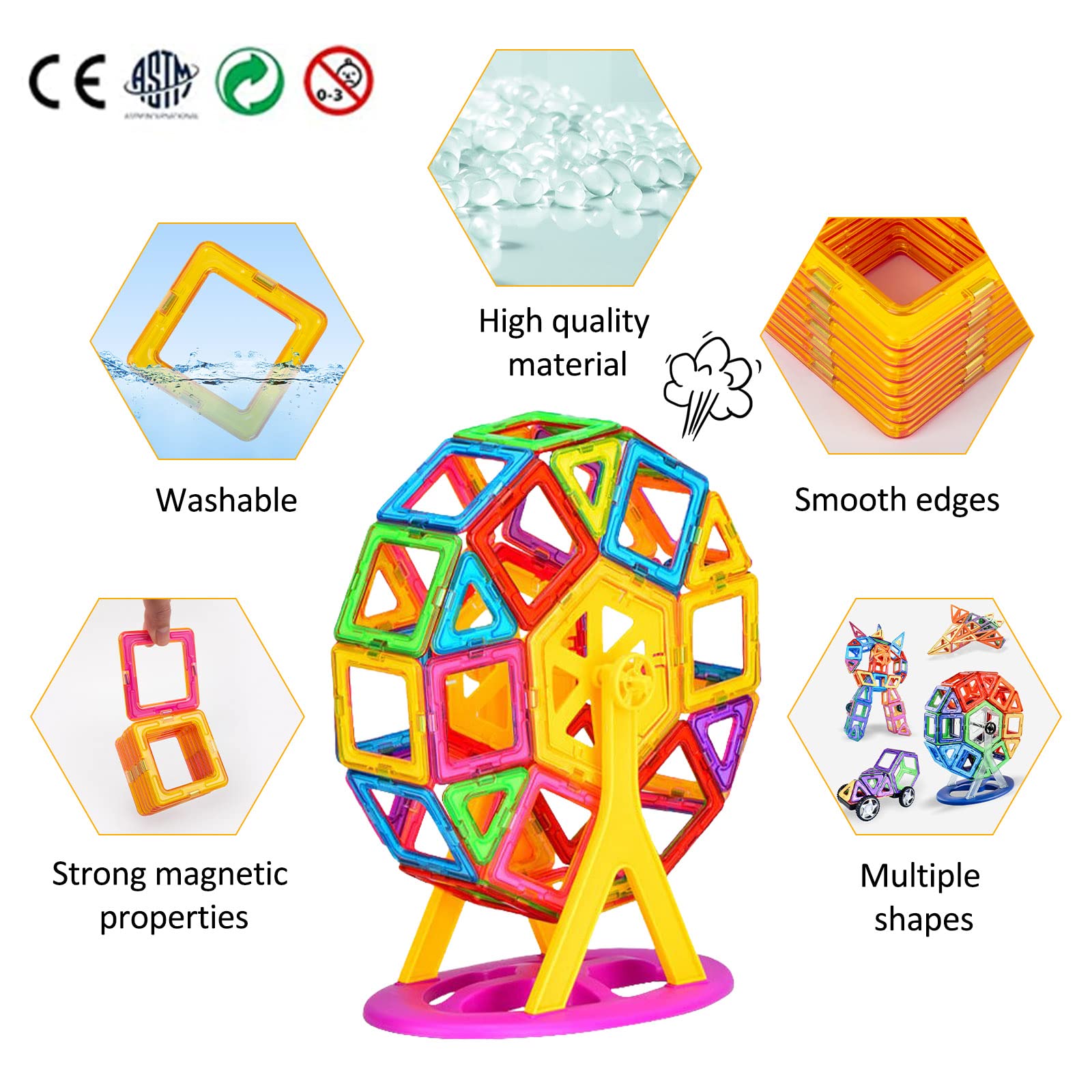 MSVDT Magnetic Tiles Building Blocks Toys for Kids, 195 Pieces 3D Creative Castle Construction Magnetic Stacking Set,STEM Creativity/Educational Toys for Kids Easter Basket Gifts