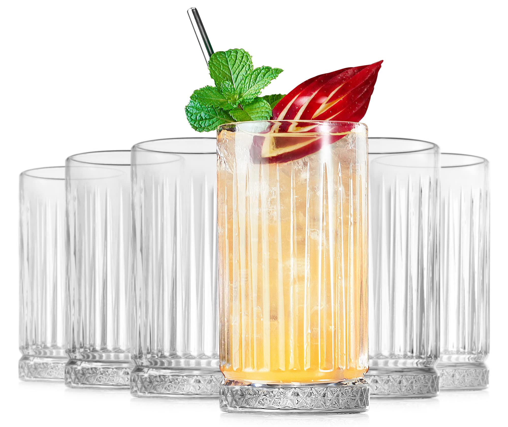 LUXU Highball Glasses 14 fl.oz,Set of 6, Lead-free Drinking Glasses with Heavy Base,Premium Collins Tumblers for Water/Juice/Cocktails/Beverages,Beautiful Striped Look Glassware,Dishwasher Safe