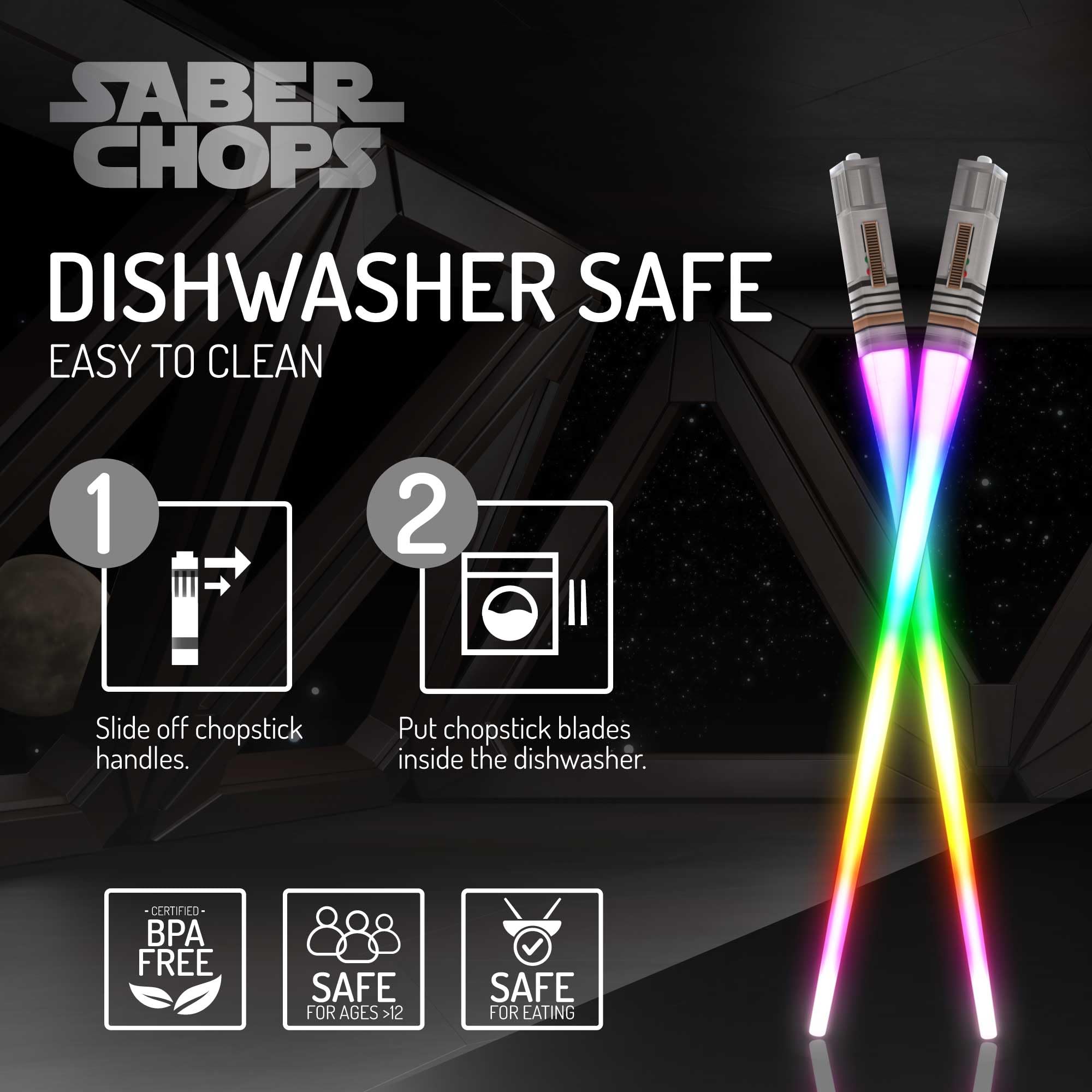 LIGHTSABER CHOPSTICKS LIGHT UP STAR WARS CHOPSTICK LED Glowing Light Saber Chop Sticks REUSABLE Sushi Sabers Cool Fun Geeky STARWARS Chop Stick Set 2 PAIRS | FREE Keychain Soft Carry Pouch | Gift Box