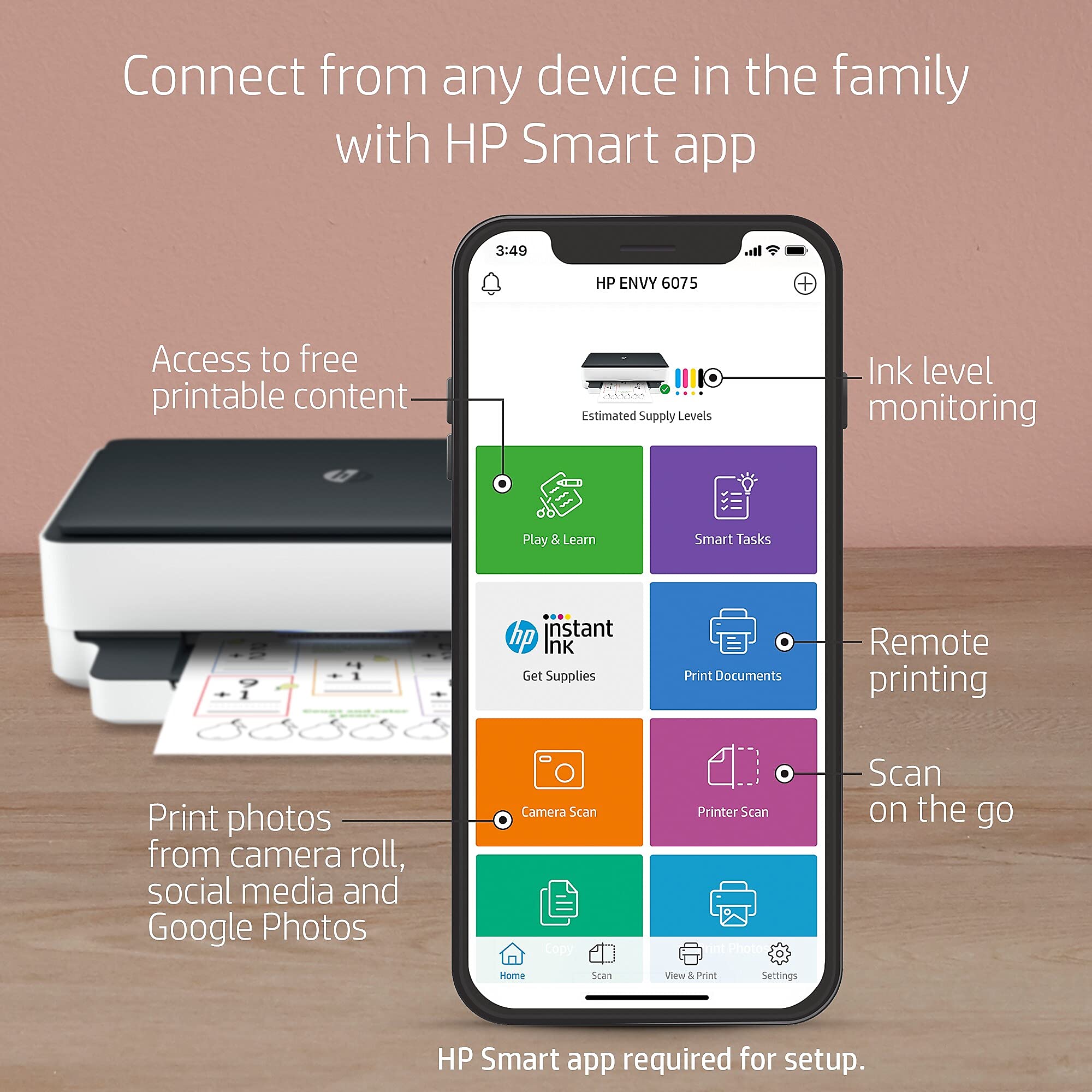 HP Envy Pro 6475 Wireless All-in-One Printer, Includes 2 Years of Ink Delivered, Mobile Print, Scan & Copy, Compatible with Alexa (8QQ86A)