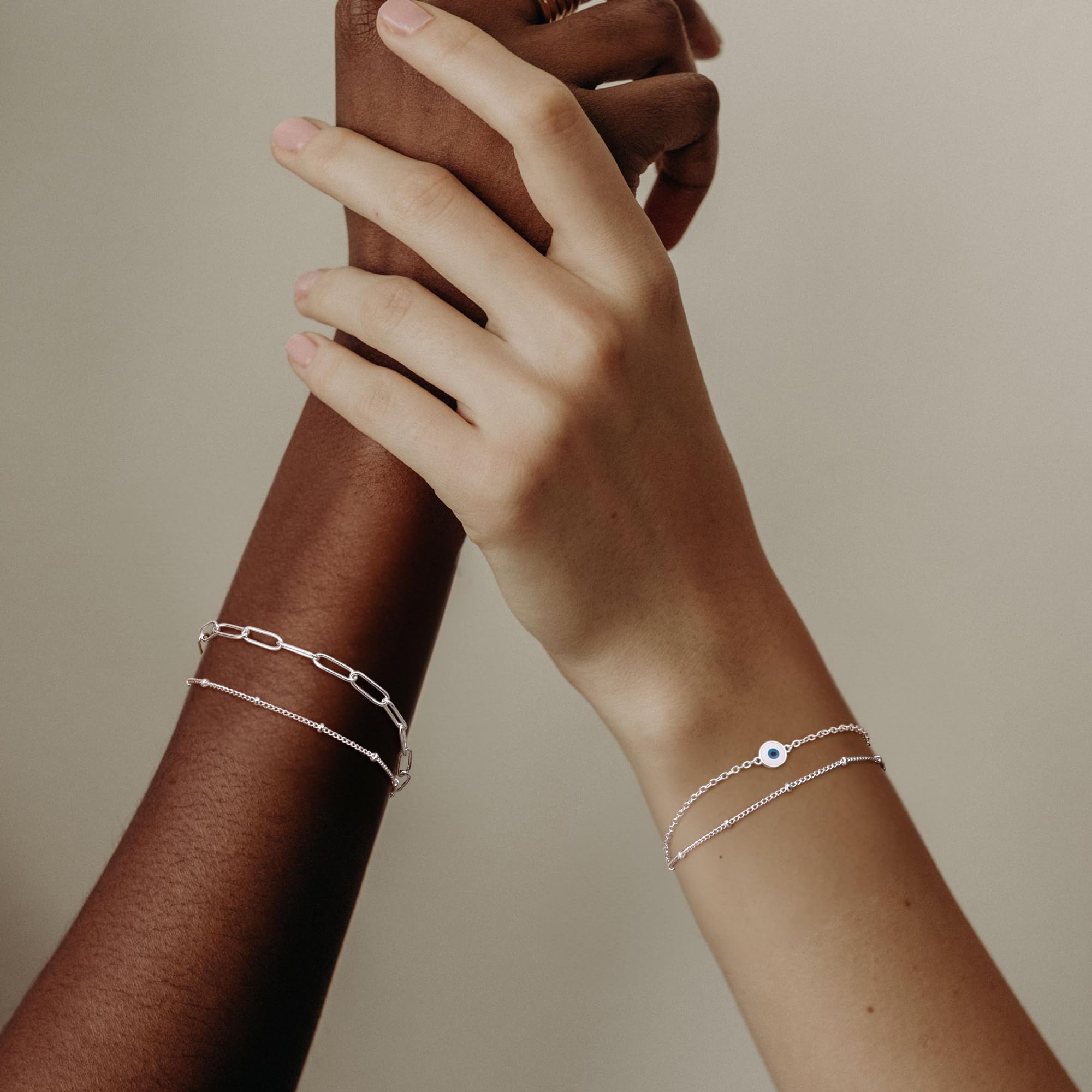 MILACOLATO 925 Sterling Silver Clasp Paperclip Chain Bracelets 14K White Gold Plated Solid Paperclip Chain Women Bracelet Adjustable Layered Satellite Beads Bracelets for Women