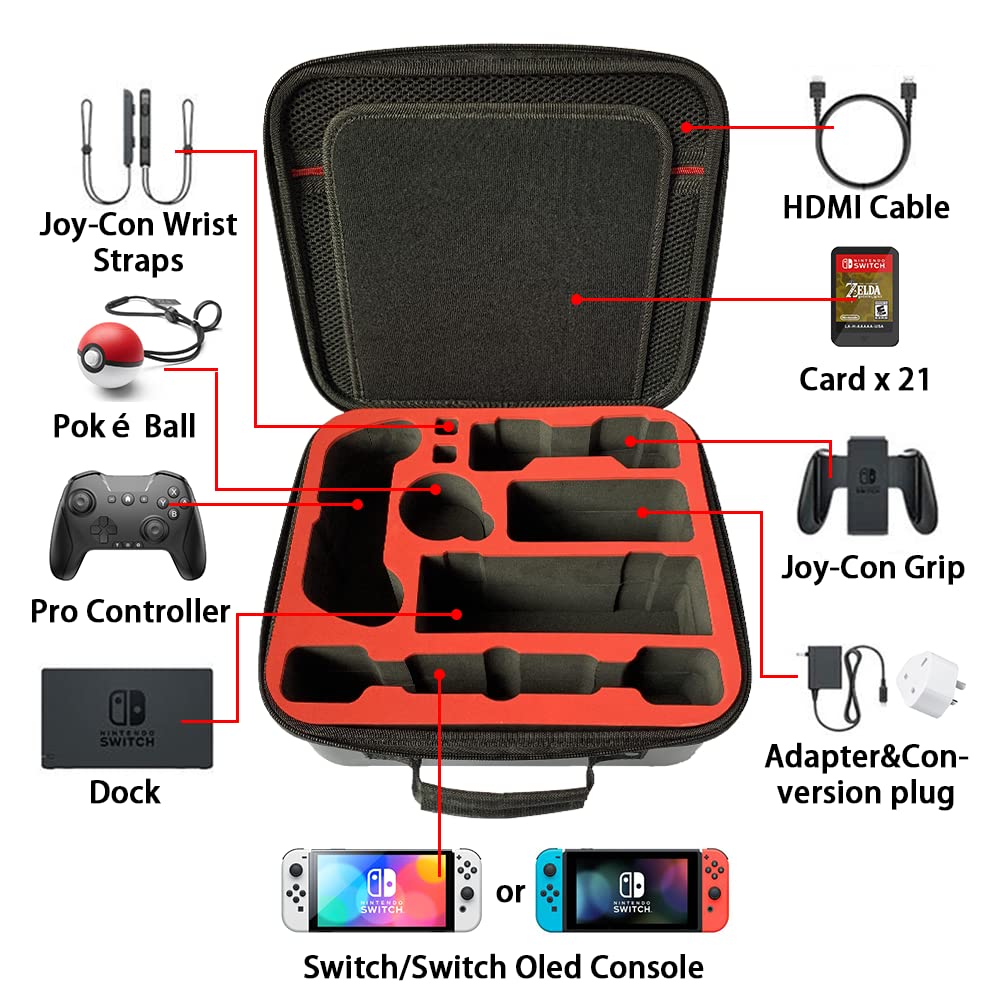 KAXIMEII Carrying Case for Nintendo Switch OLED,8 in 1 Switch OLED Accessories Bundle with Thumb Cap, Crystal Protective Case for Console & J-Con,Screen Protector,Hard Material Storage Bag,-Black