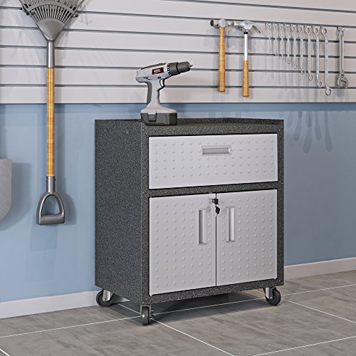 Manhattan Comfort Fortress Rolling Cabinet Garage Storage, Black/Gray & Fortress Floating Garage Storage Cabinet, Black/Grey