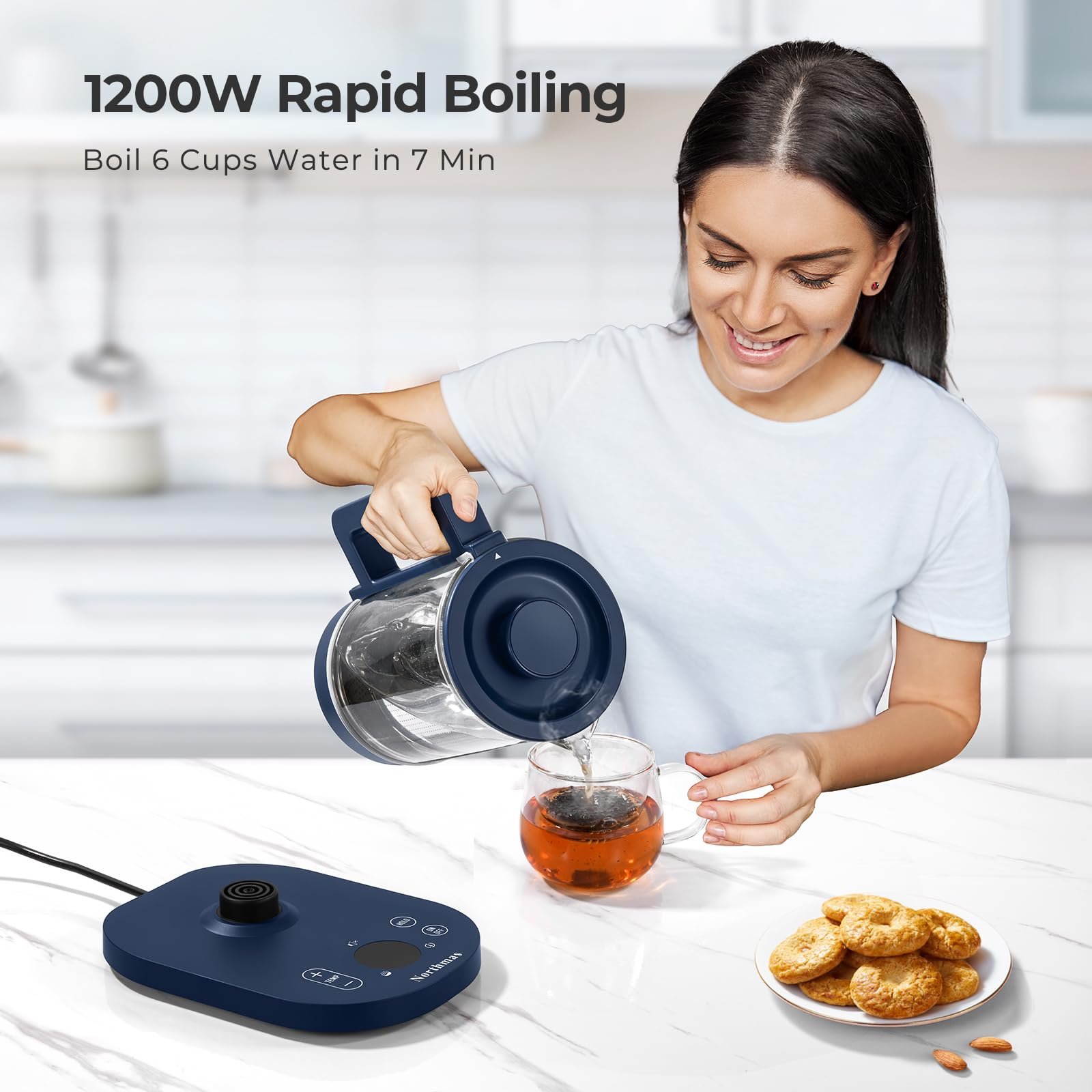 Northmas Electric Tea Kettle,Glass Kettle Electric Temperature Control with Infuser, Auto Shut-Off, Rapid Boiling 1200W, Boil-Dry Protection, Keep Warming 6 Hours, Wide Opening Easy Clean, 1.4L, Blue