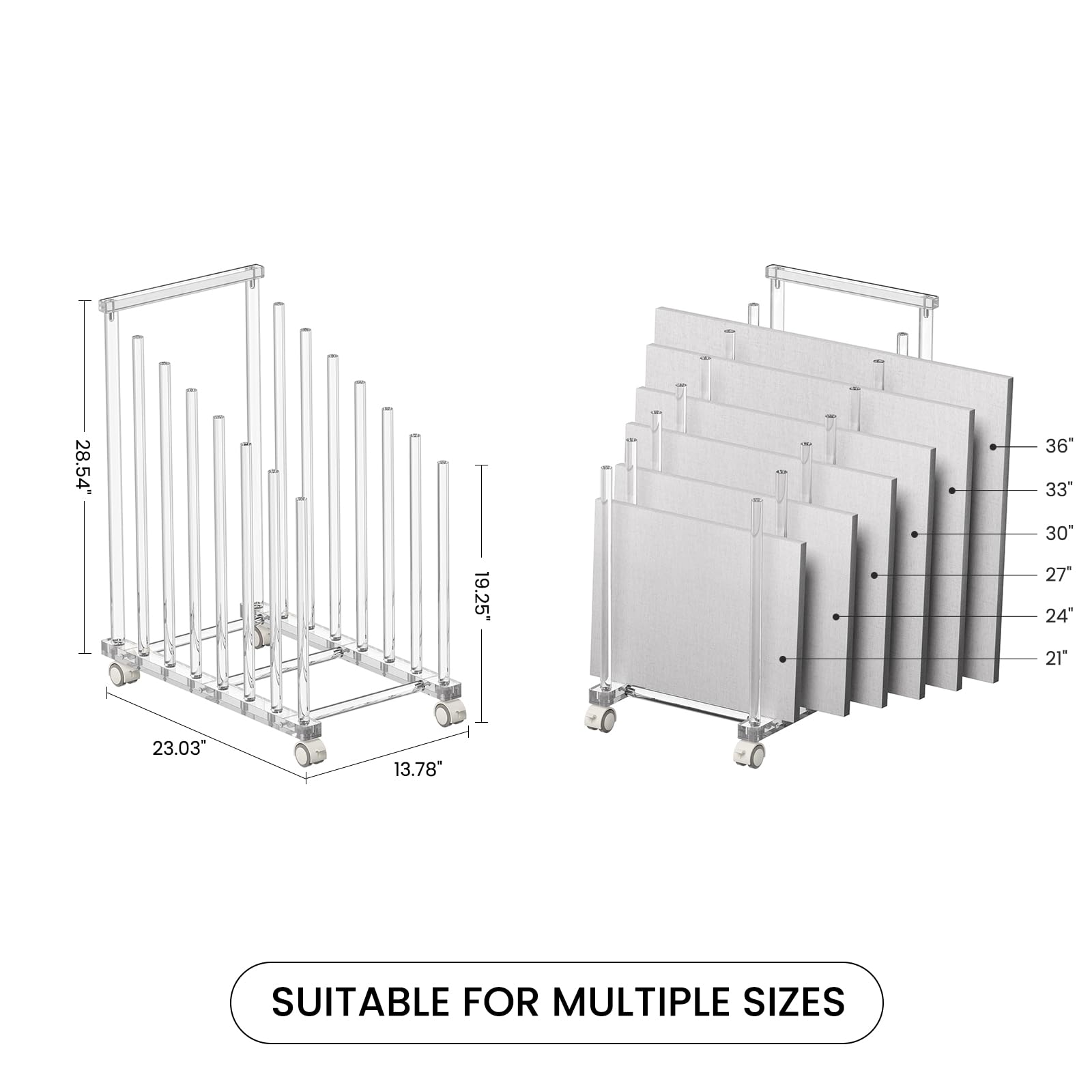 Sumerflos Acrylic Art Storage Rack with Caster Wheels - Clear Canvas Storage Rack for Artwork, Panel, Frame, Drawing Board, Printed Matter, Paper Pad, Backing Plate (13.78" D X 23.03" W X 28.54" H)