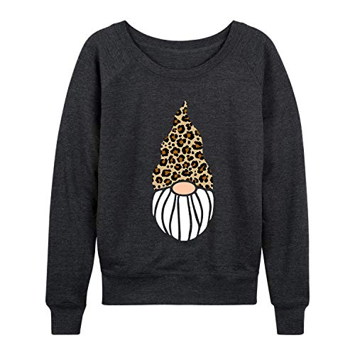 Instant Message - Leopard Print Gnome - Ladies French Terry Pullover - Size X-Large Heather Charcoal