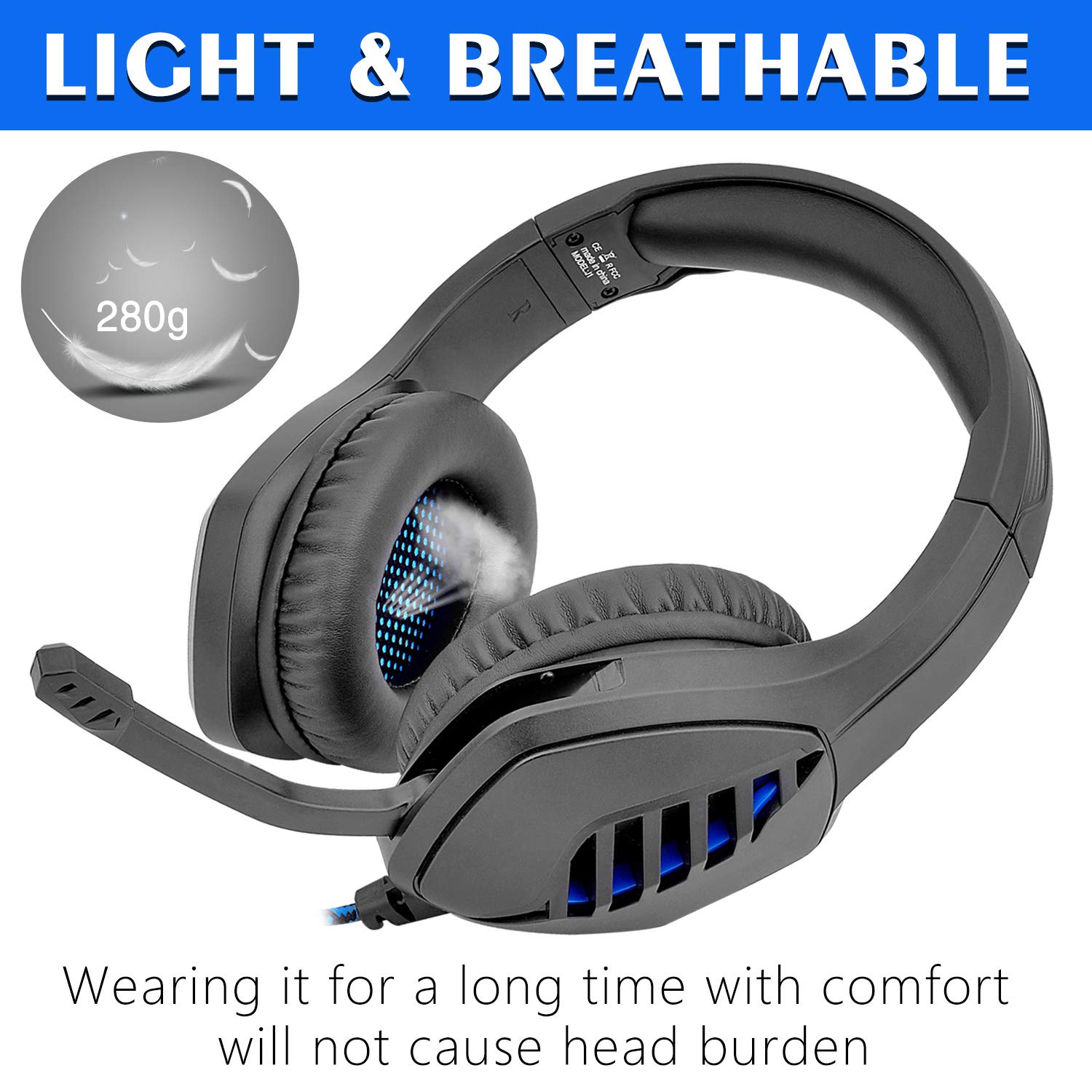 J1 Stereo Gaming Headset with 7.1 Surround Sound, for PS4/PS5/PC/Xbox One/Controller LED Light Bass Surround Noise Cancelling Over Ear Headphones Mic (Blue)