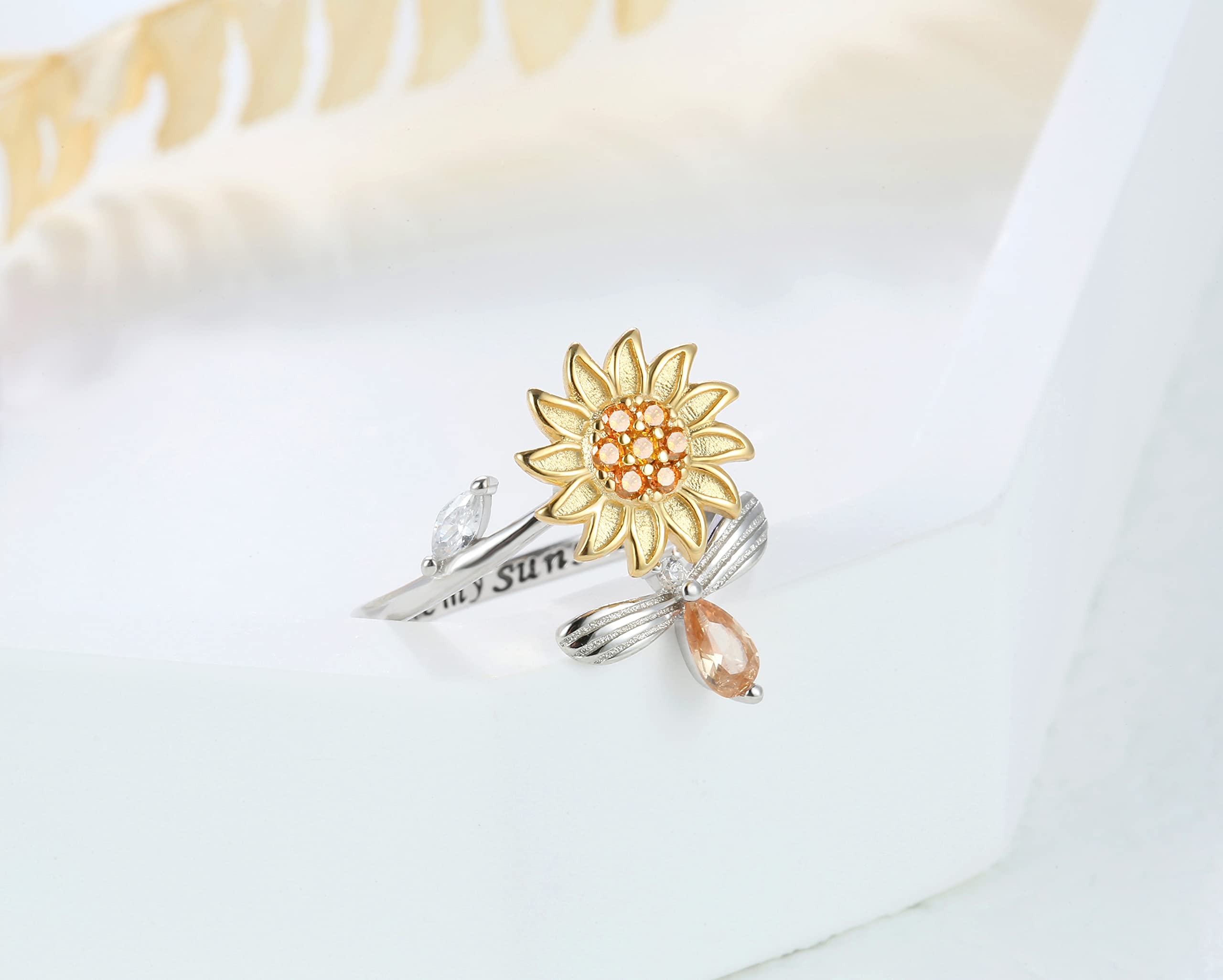 LYLYMIMI Sterling Silver Fidget Anxiety Rings for Women Adjustable Open Ring Cubic Zirconia Sunflower Spinner Jewelry -b