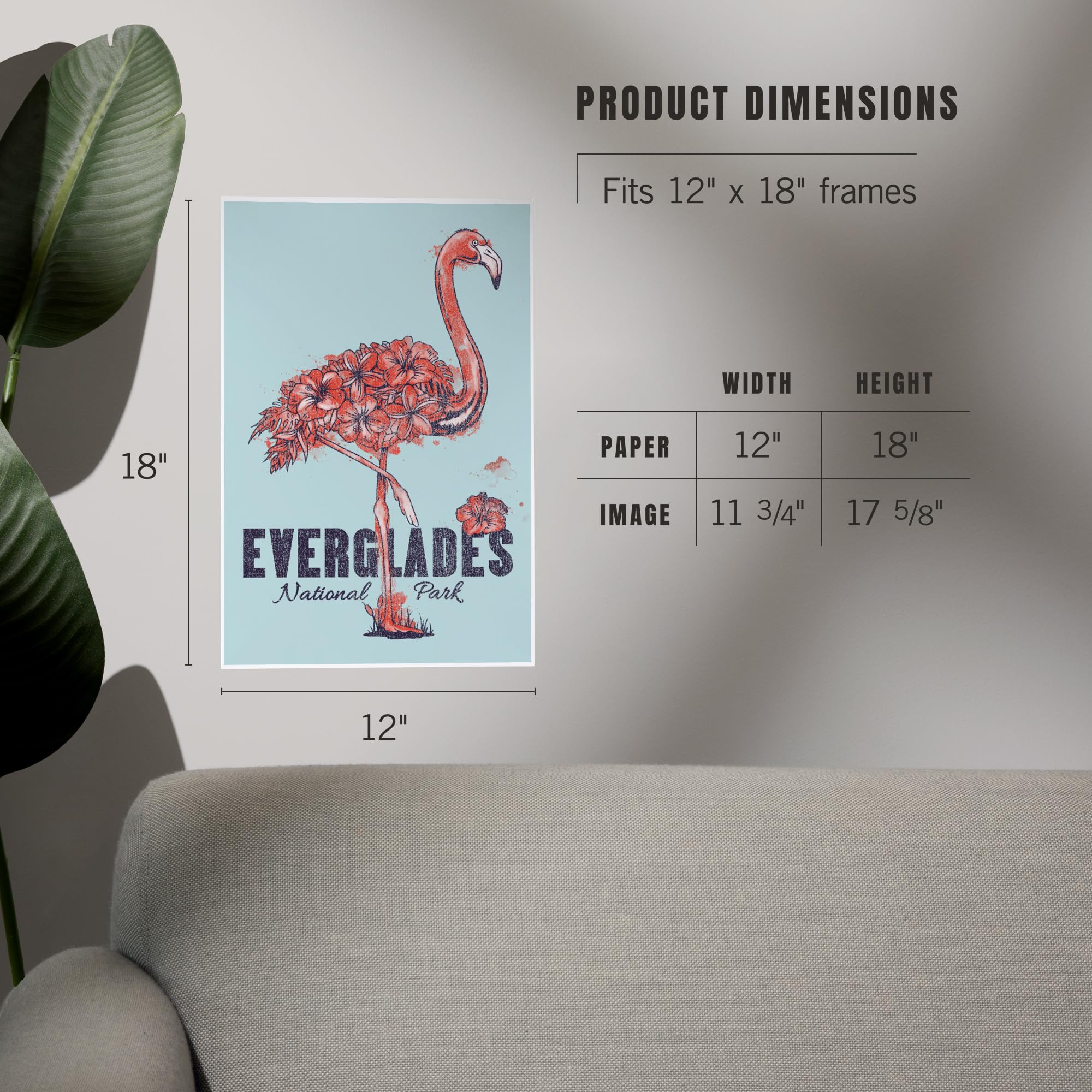 Lantern Press Everglades National Park, Flamingo, Flowers (12x18 Art Print, Travel Poster Wall Decor)