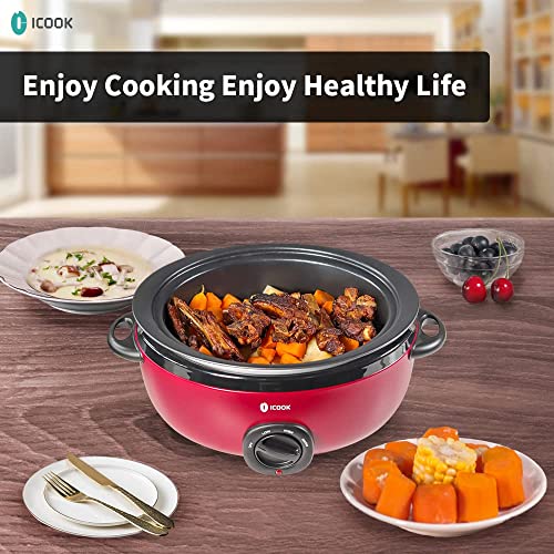 ICOOK USC-35-OP001RD 3.5 Quart Slow Cooker,Aluminium Sear/Sauté Stew Pot Stovetop safe,Dishwasher Safe,Glass Lid,Adjustable Temp,Food Warmer,Red