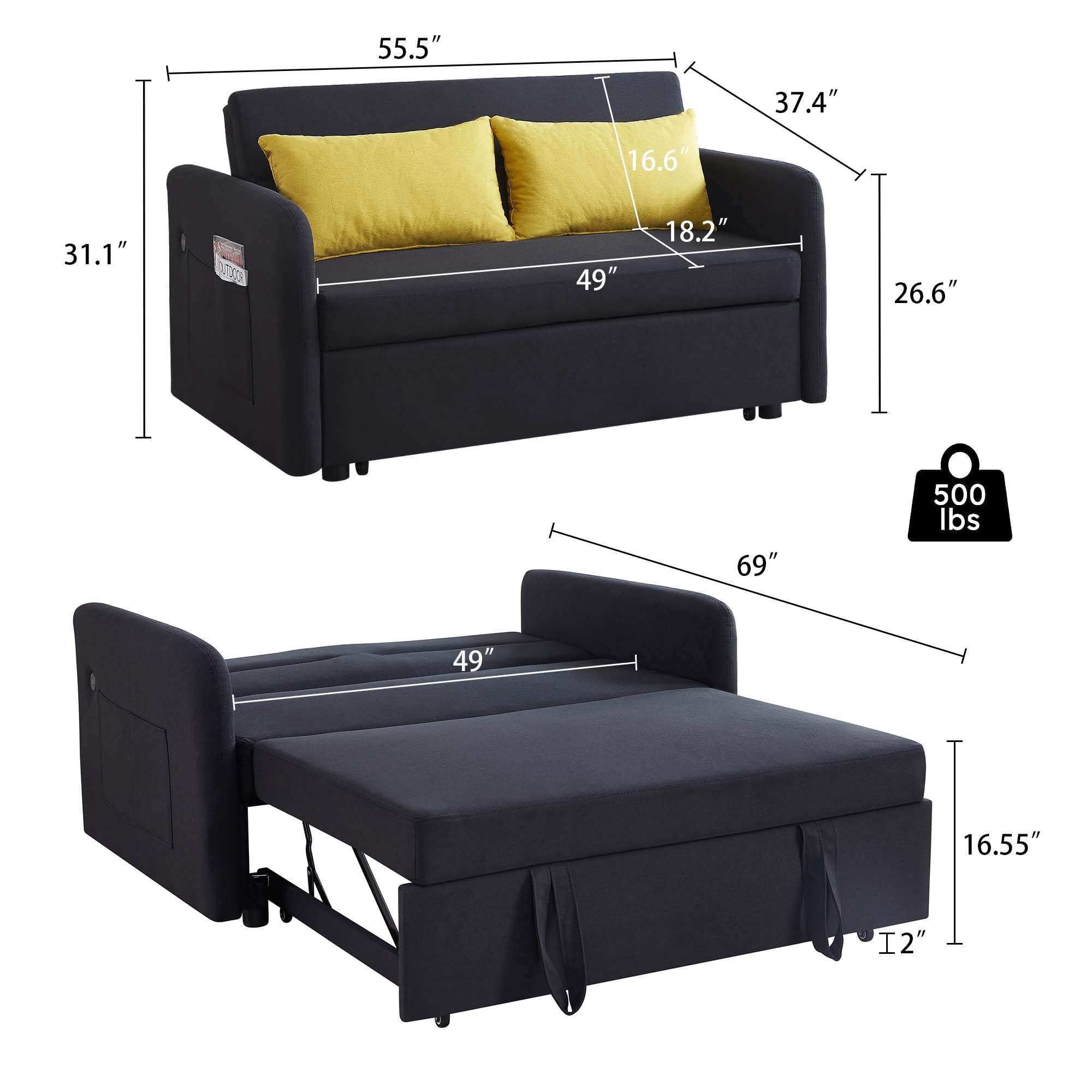 SumKea 55.5'' Pull Out Couch, 3-in-1 Sleeper Loveseat Convertible Bed with USB, Adjustable Backrest, Pillows, Side Pocket, Fabric Sofa Bed for Living Room, Office, Black