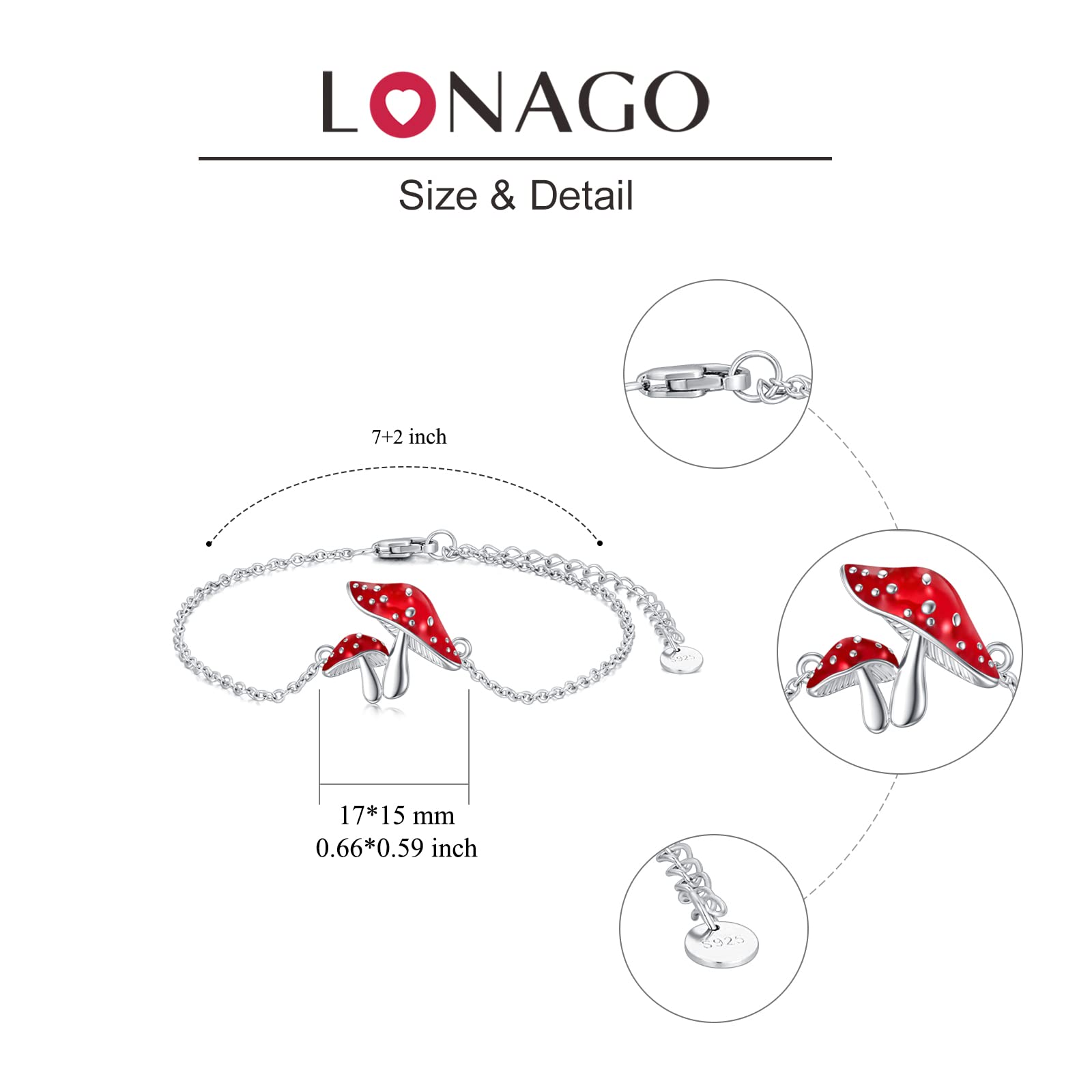 LONAGO Mushroom Bracelet for Women 925 Sterling Silver Red Mushroom Bracelet